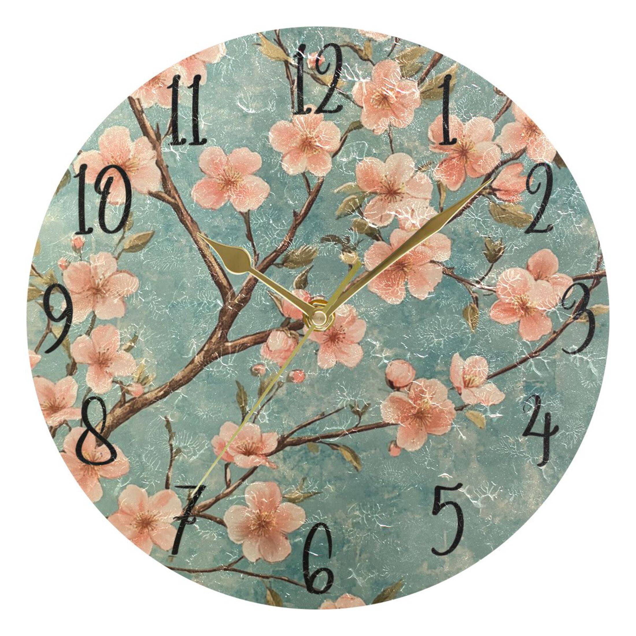 WOBOGO Peach Blossom Pattern Wall Clock 10in Silent Mechanism Battery ...