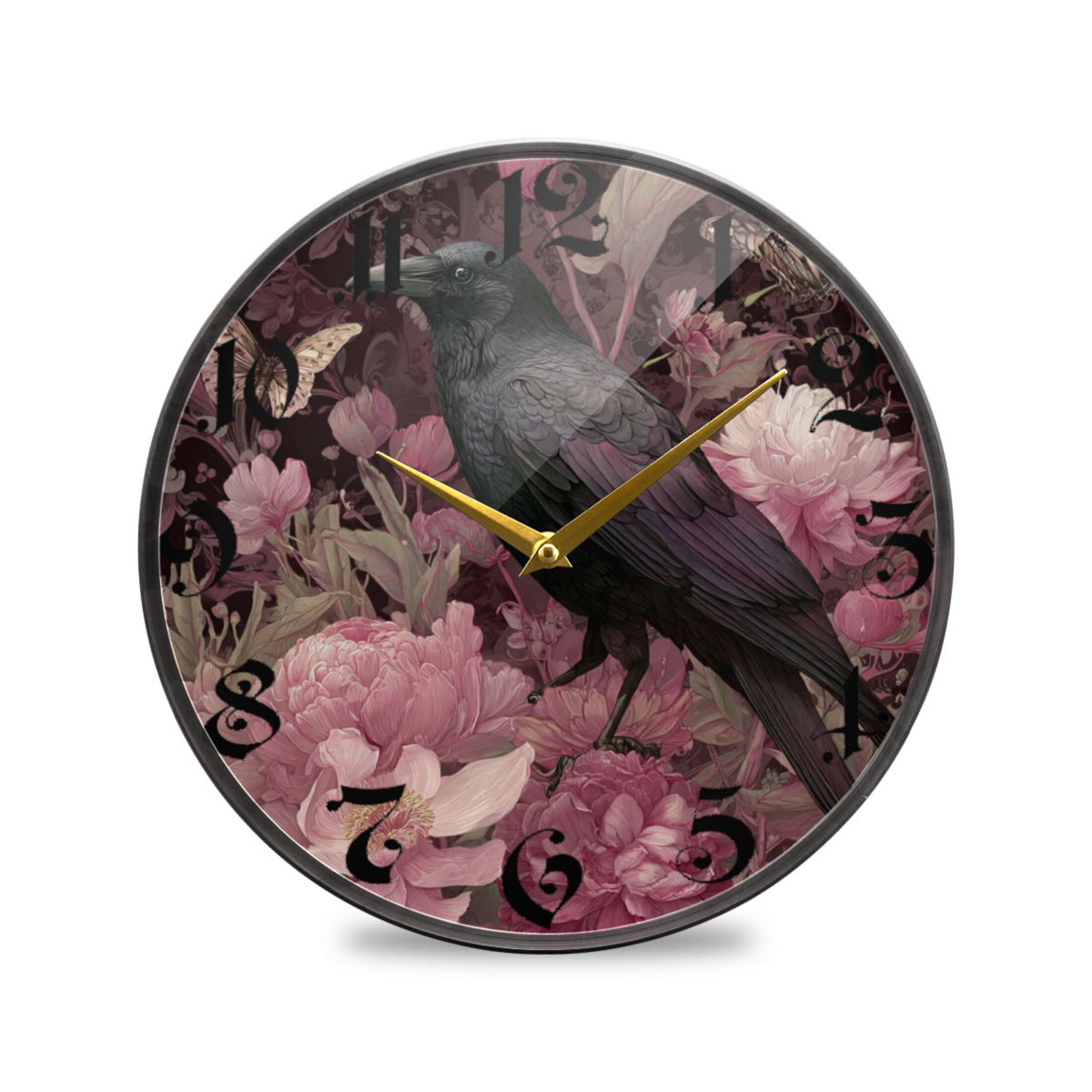 WOBOGO Peony Crow Acrylic Wall Clock Battery Operated 11.9in Silent No ...