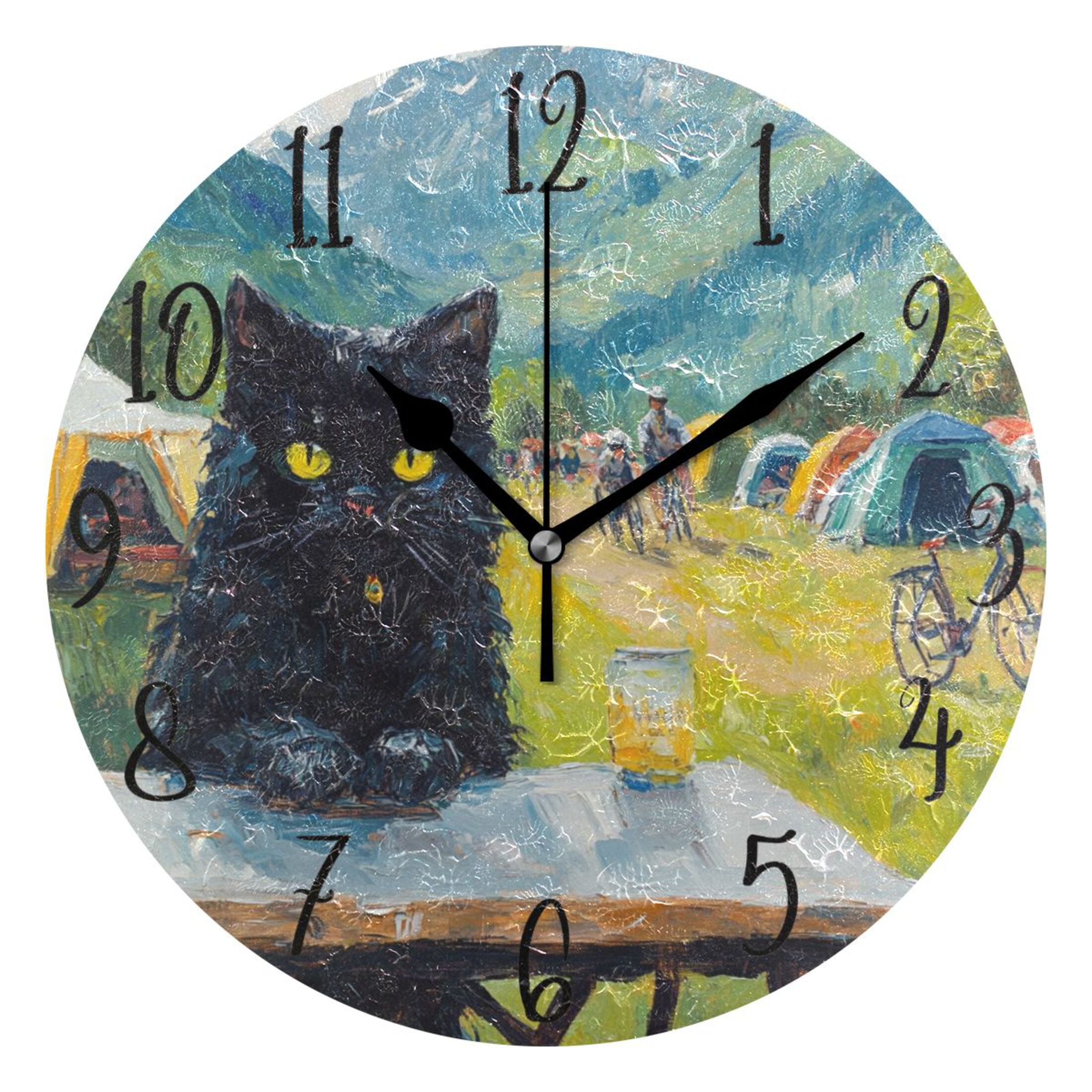 WOBOGO Picnic Black Cat Wall Clock 10in Silent Mechanism Battery ...