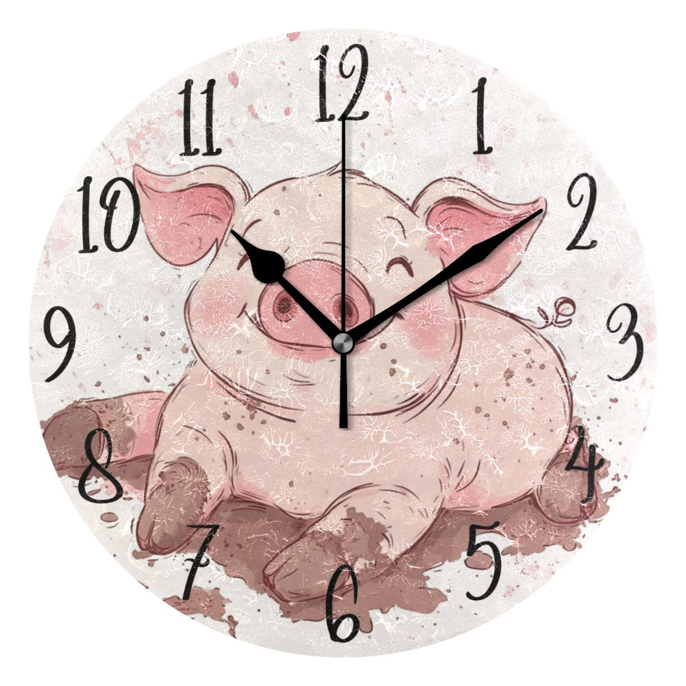 WOBOGO Pink Pig Wall Clock 10in Silent Mechanism Battery Operated Retro ...