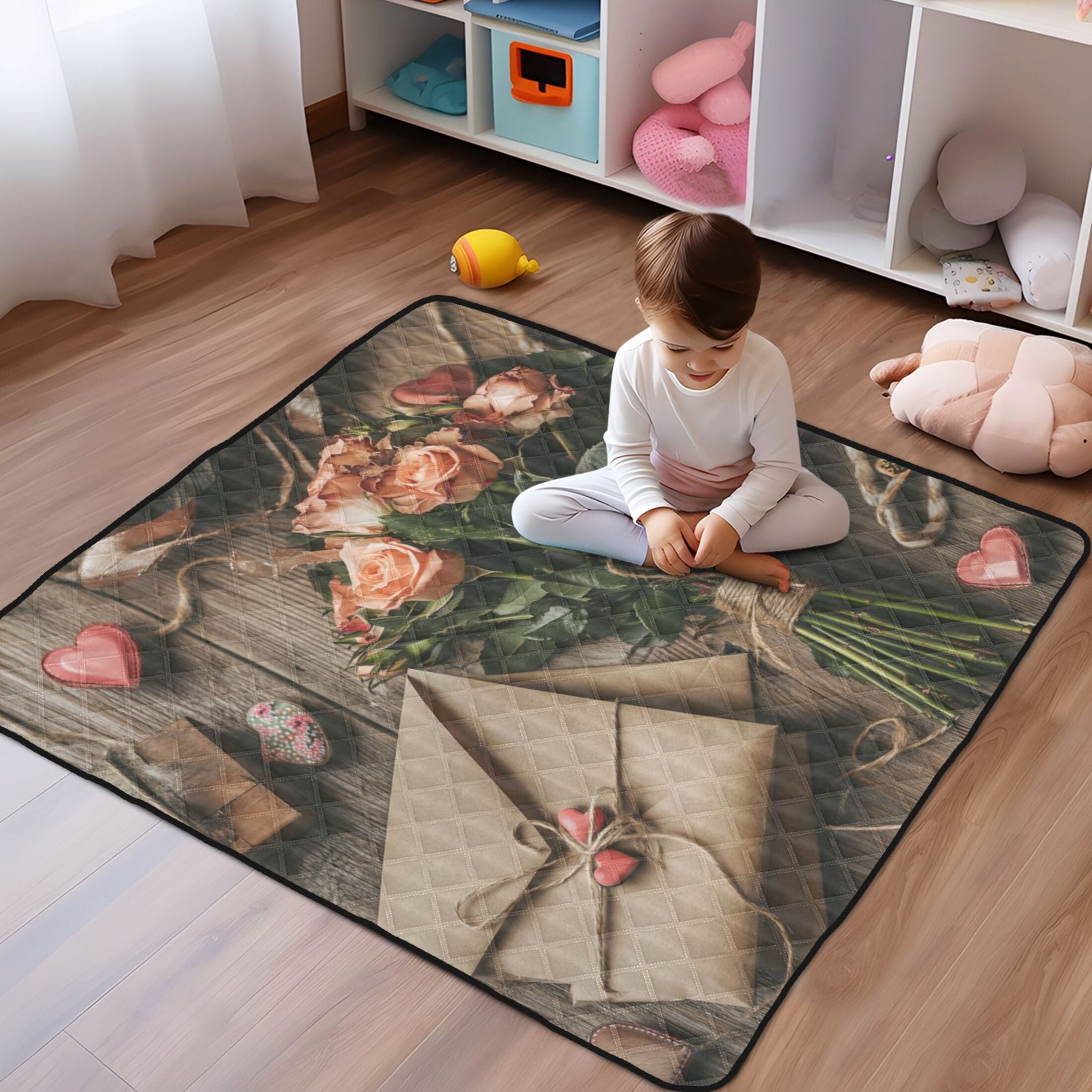 WOBOGO Pink Rose Baby Playmats Extra Large Waterproof Rollable Activity ...