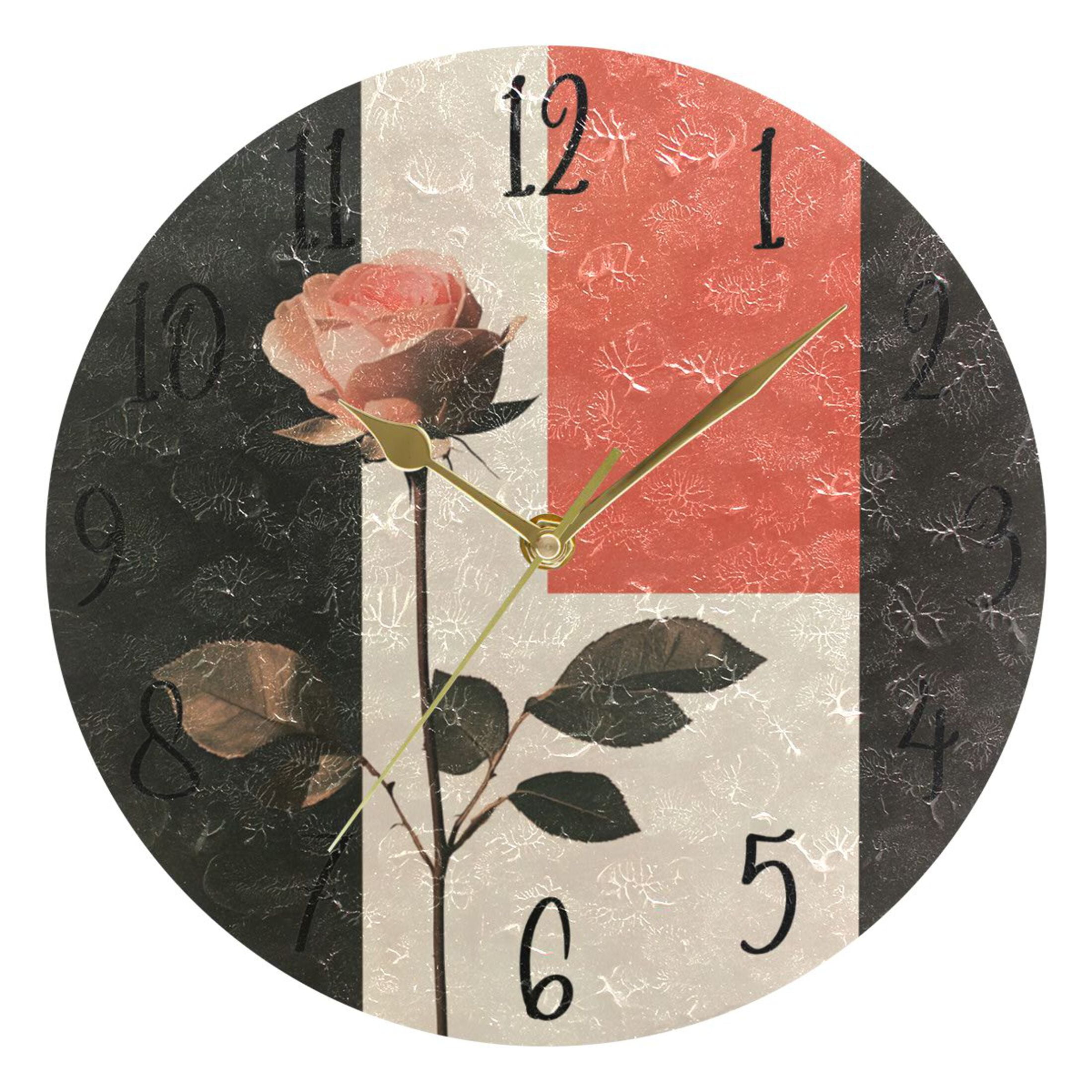 WOBOGO Pink Rose Wall Clock 10in Silent Mechanism Battery Operated ...