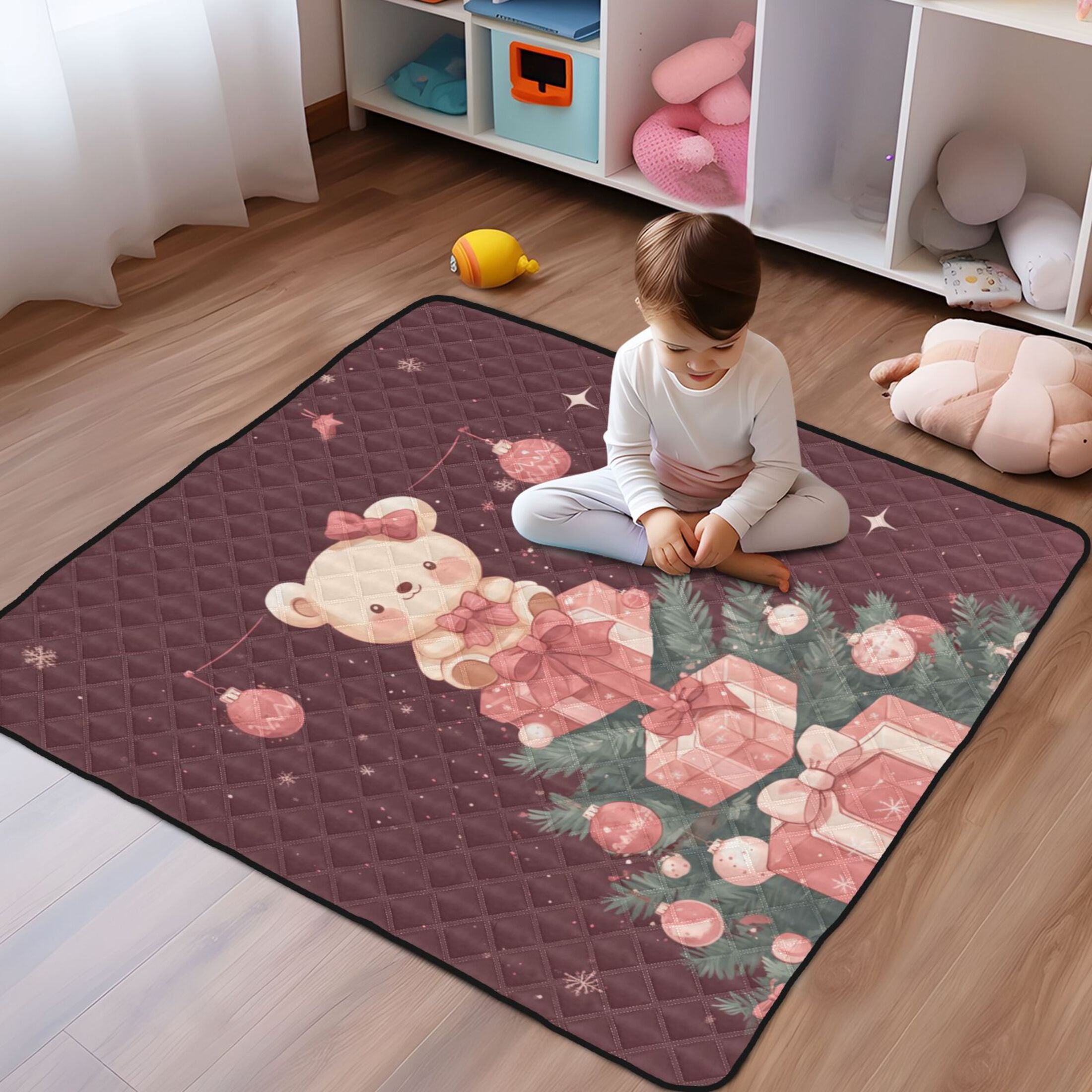 WOBOGO Pink Teddy Bear Baby Playmats Extra Large Waterproof Rollable ...
