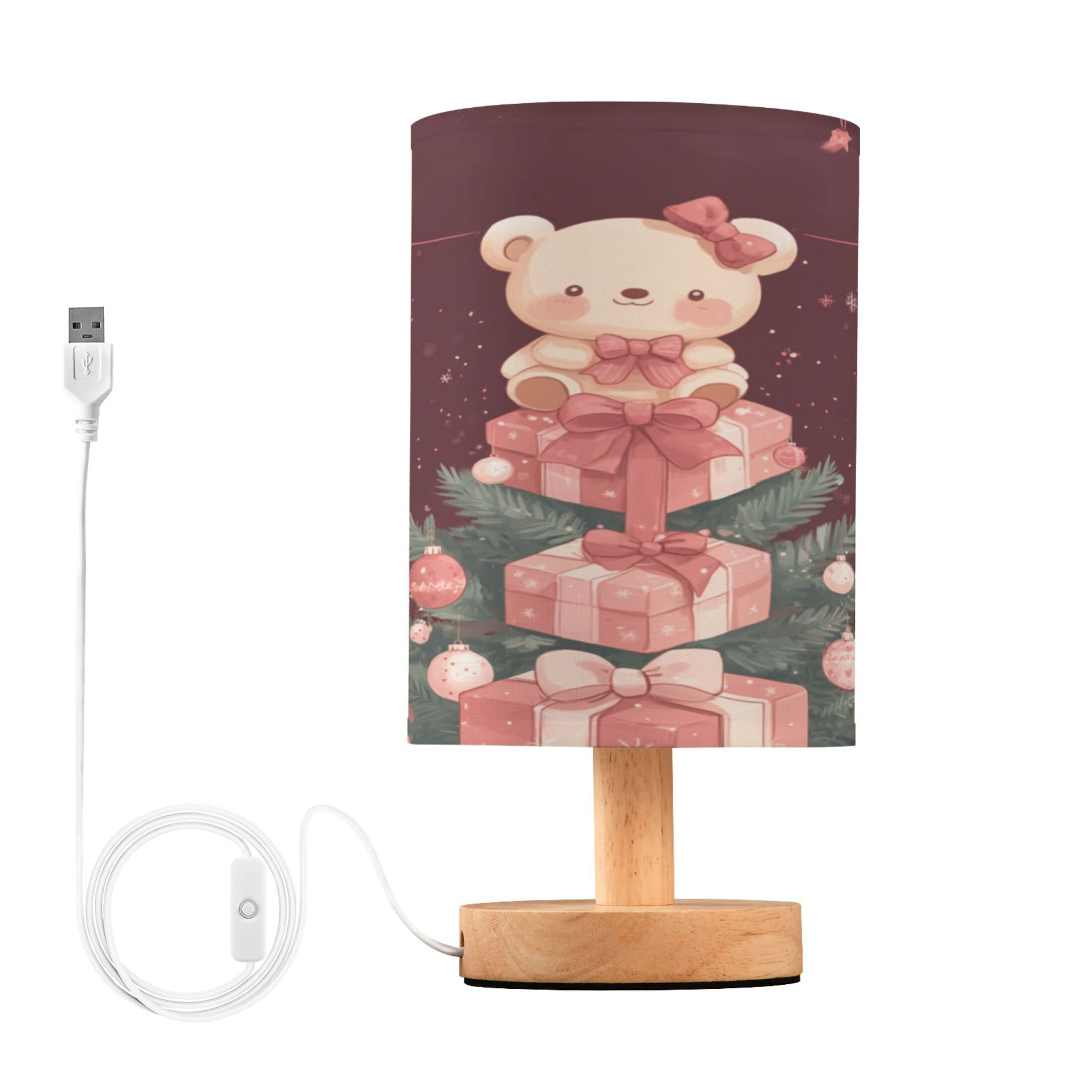 WOBOGO Pink Teddy Bear Bedroom Table Lamp USB Power Connector Wooden ...