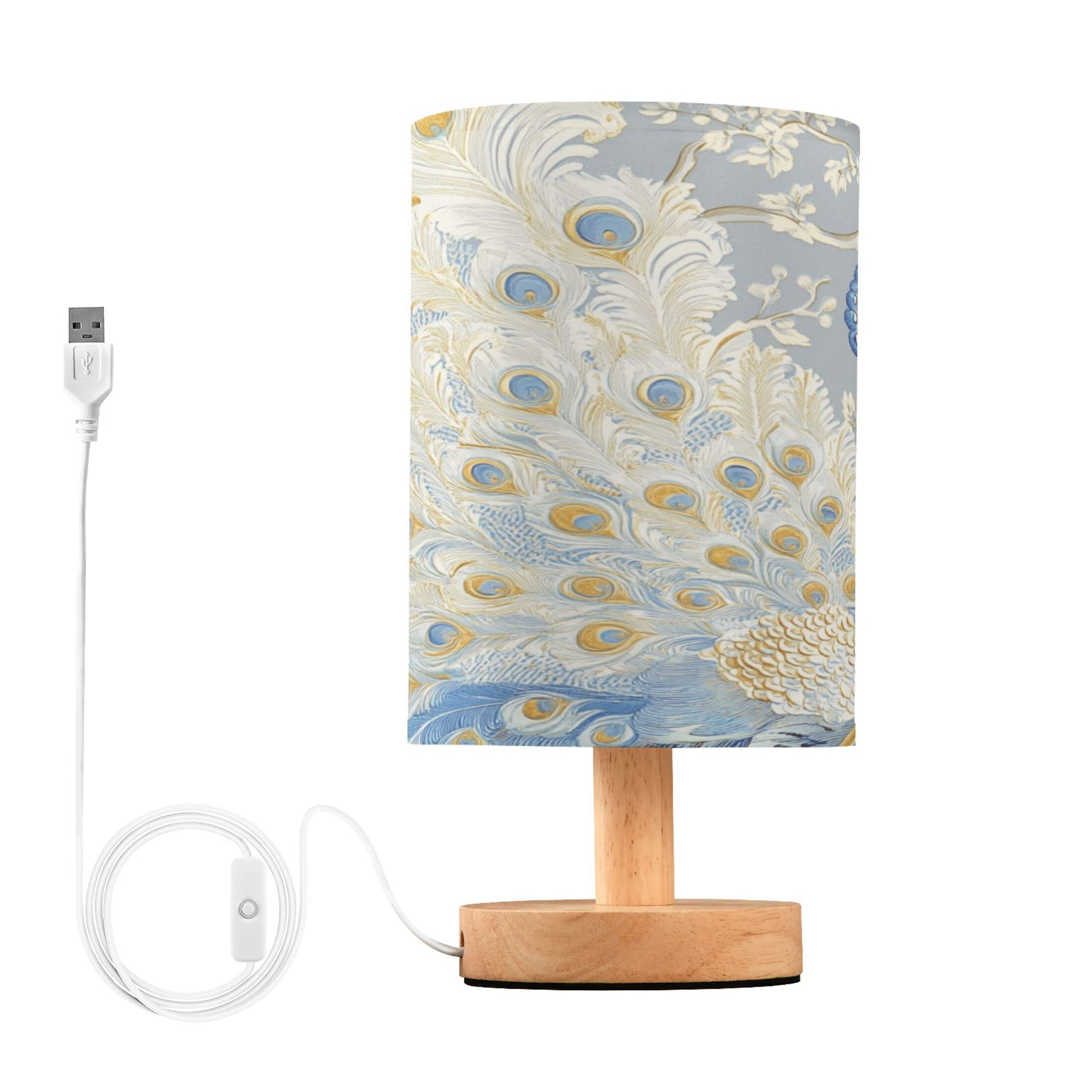 WOBOGO Pretty Blue Peacock Bedroom Table Lamp USB Power Connector ...