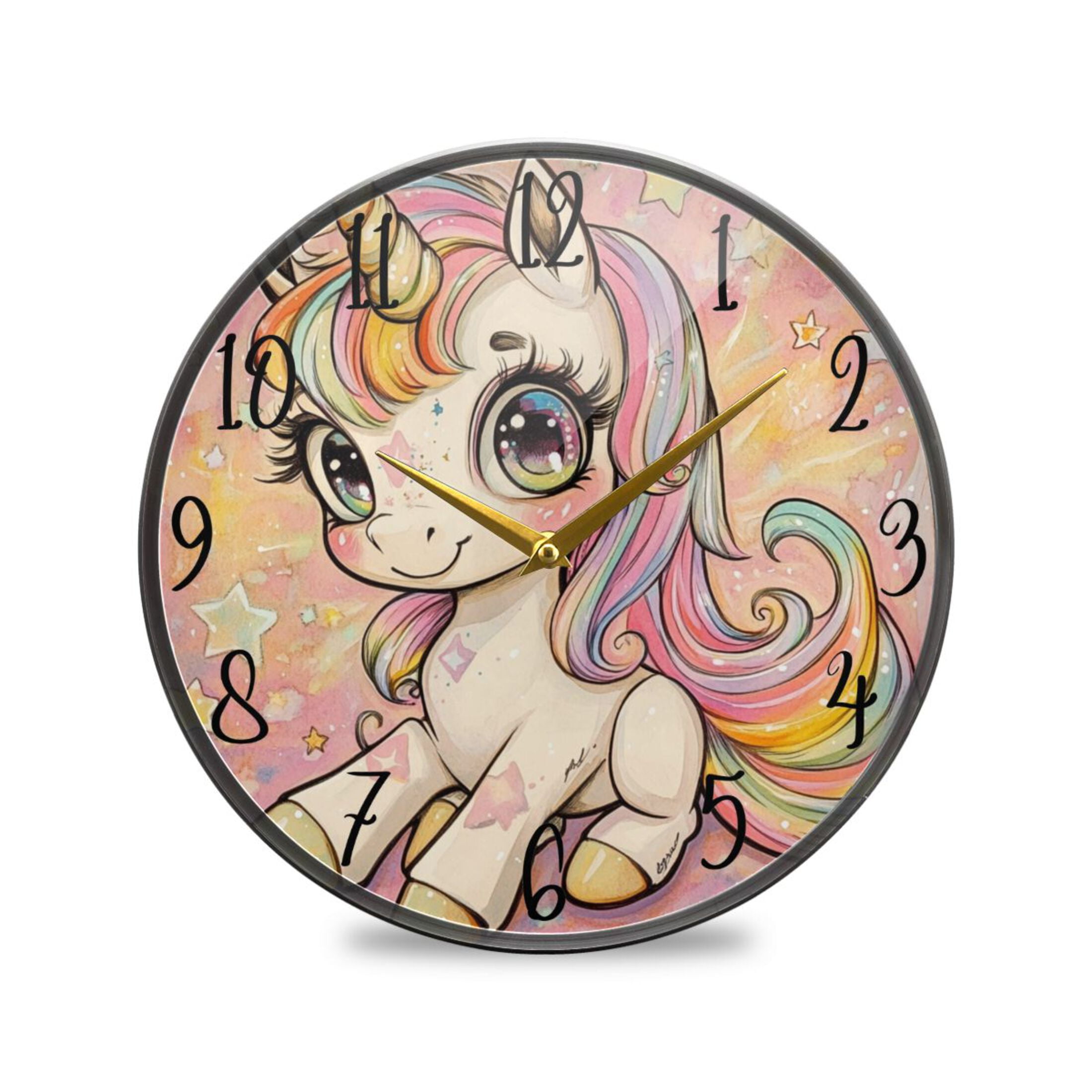 WOBOGO Pretty Unicorns Acrylic Wall Clock Battery Operated 9.5in Silent No Tick Bedroom Living ...