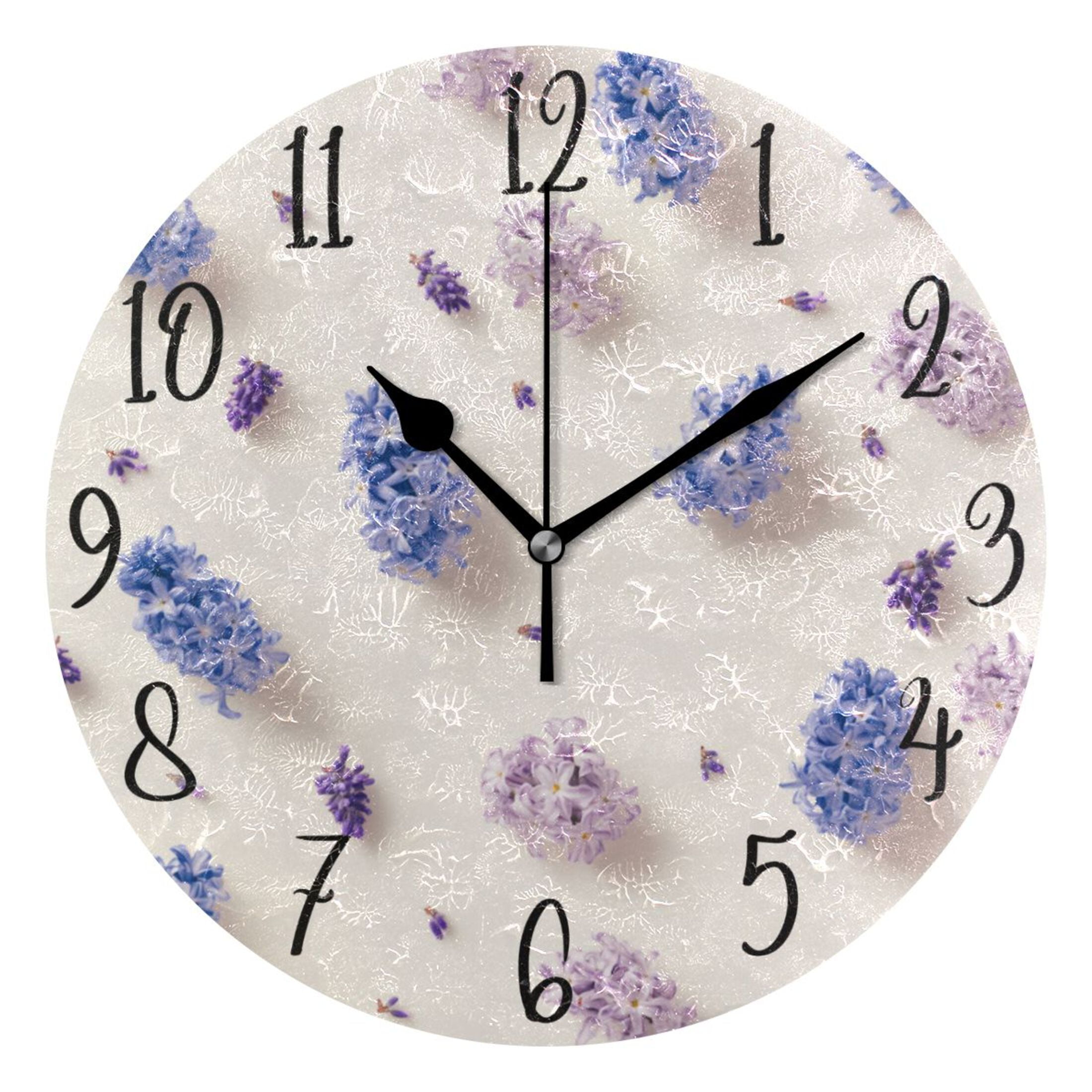 WOBOGO Purple Hyacinth Flowers Wall Clock 10in Silent Mechanism Battery ...