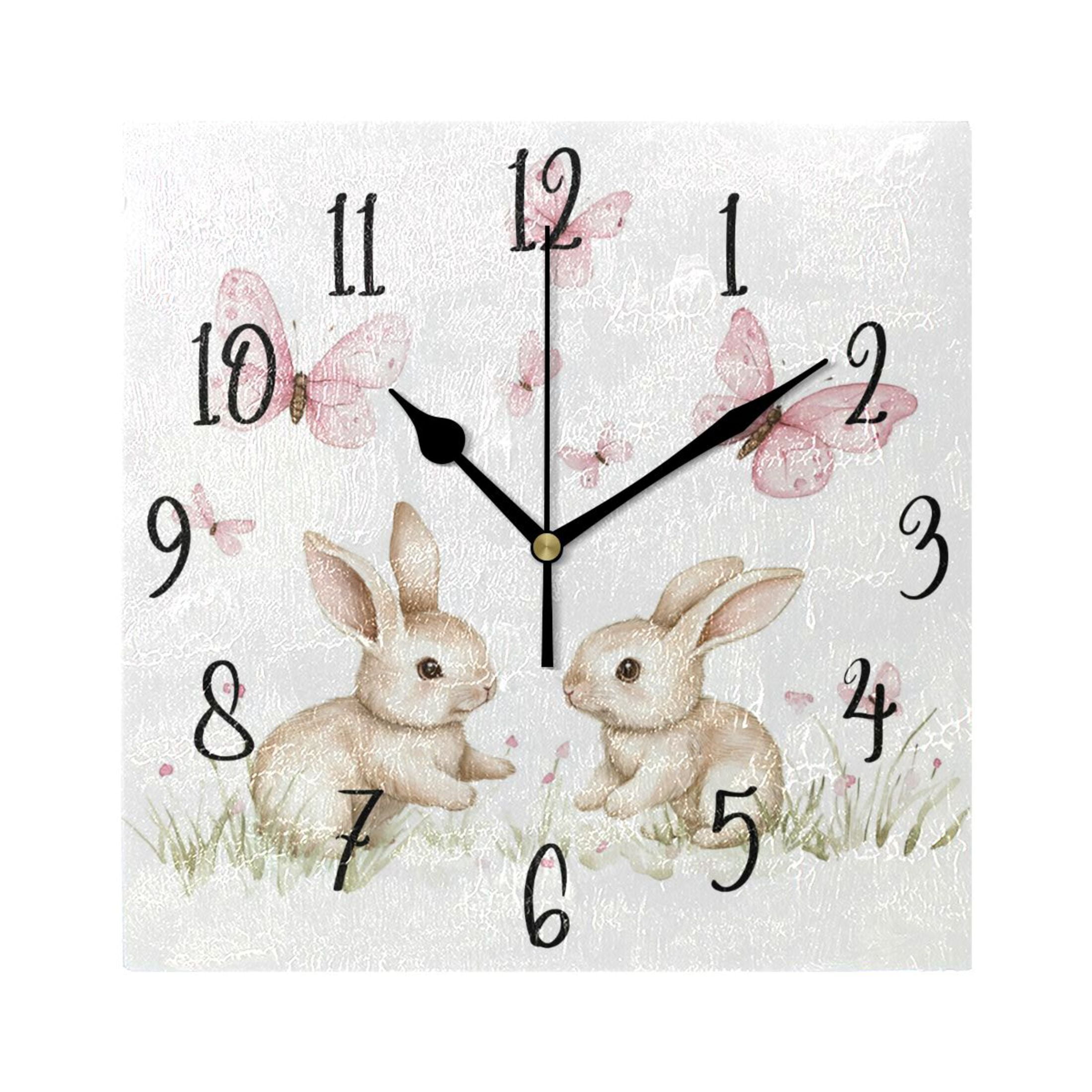 WOBOGO Rabbits Playing with Pink Butterflies Wall Clock 7.78 Inch ...