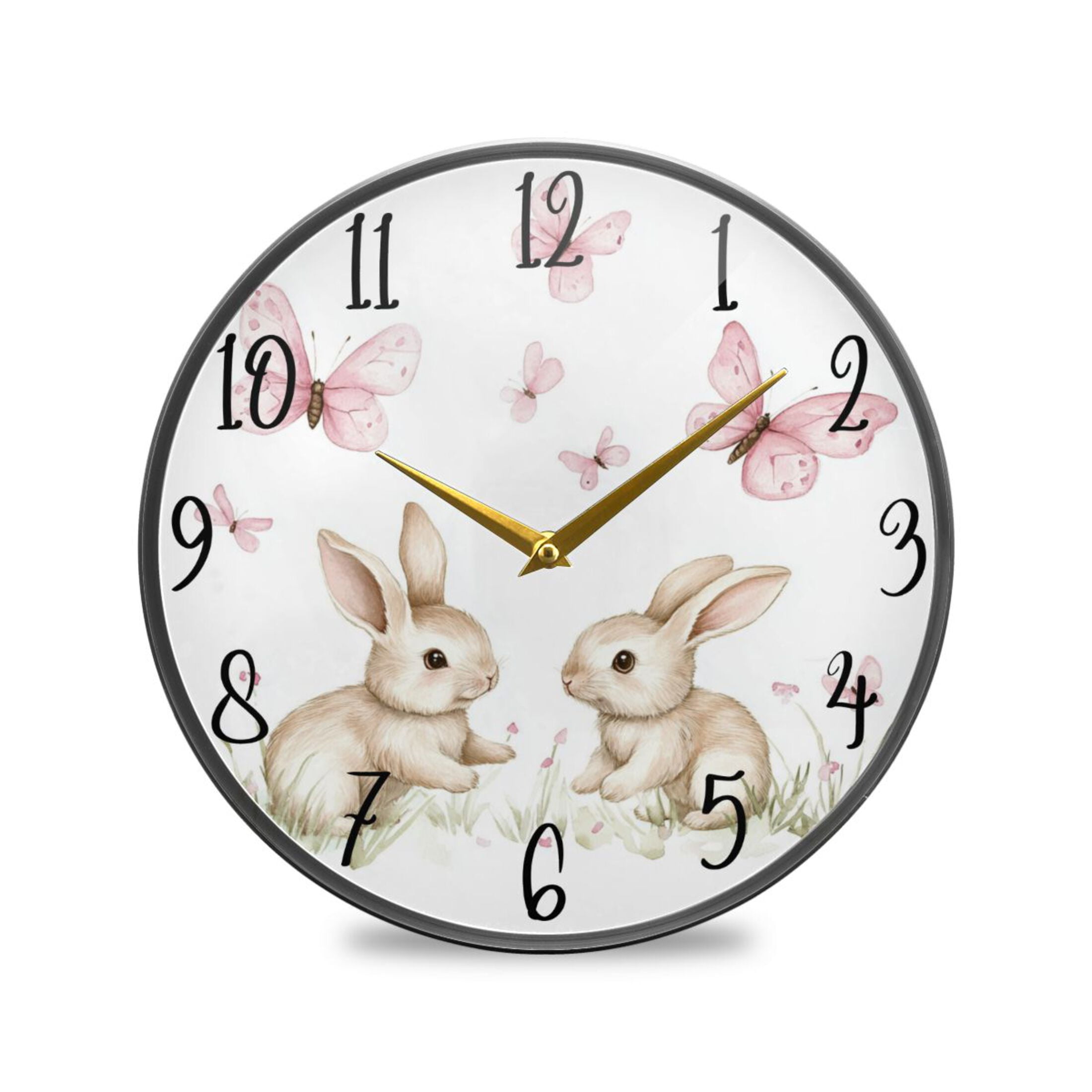 WOBOGO Rabbits Playing with Pink Butterflies Acrylic Wall Clock Battery ...