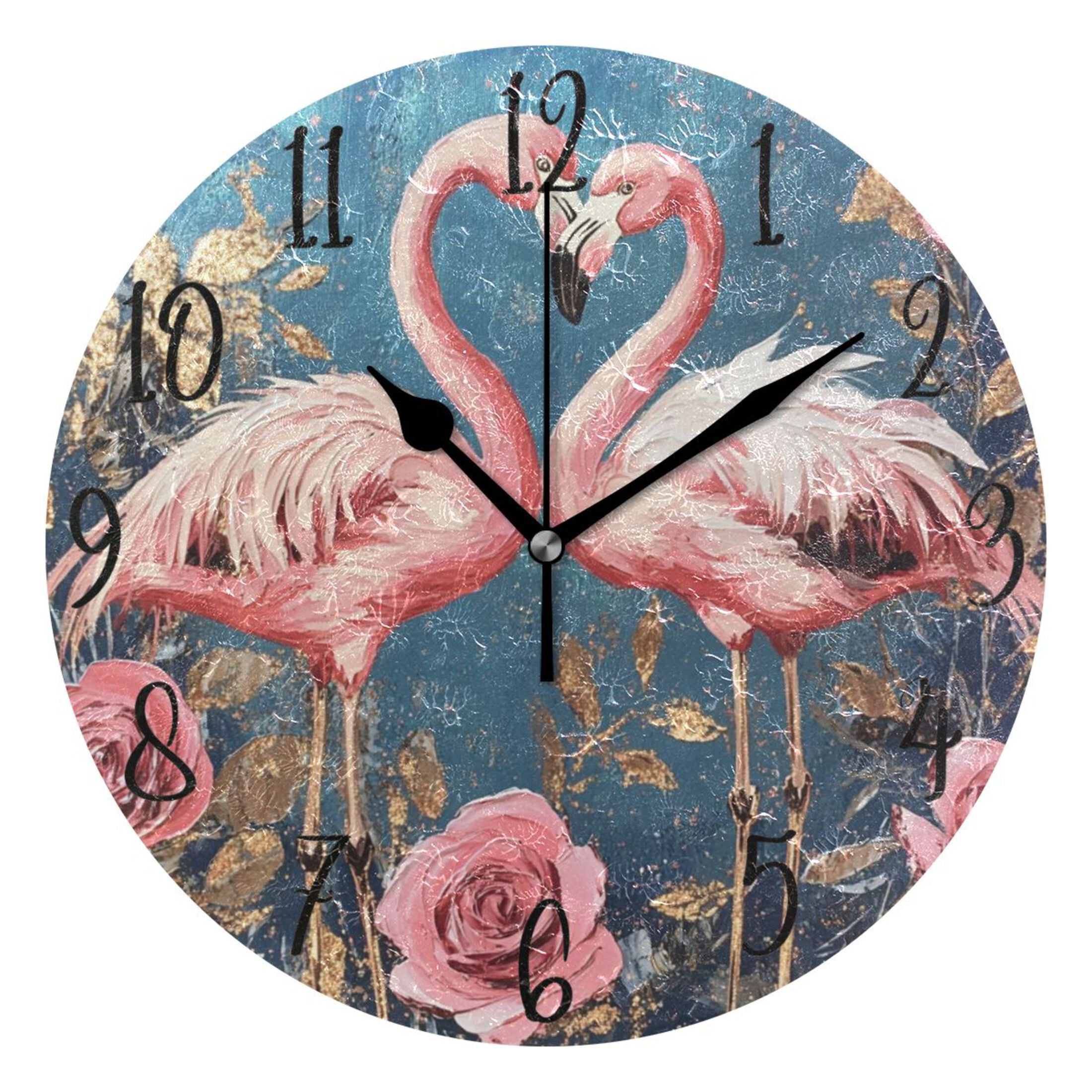 WOBOGO Raggedy Pink Flamingos Wall Clock 10in Silent Mechanism Battery ...
