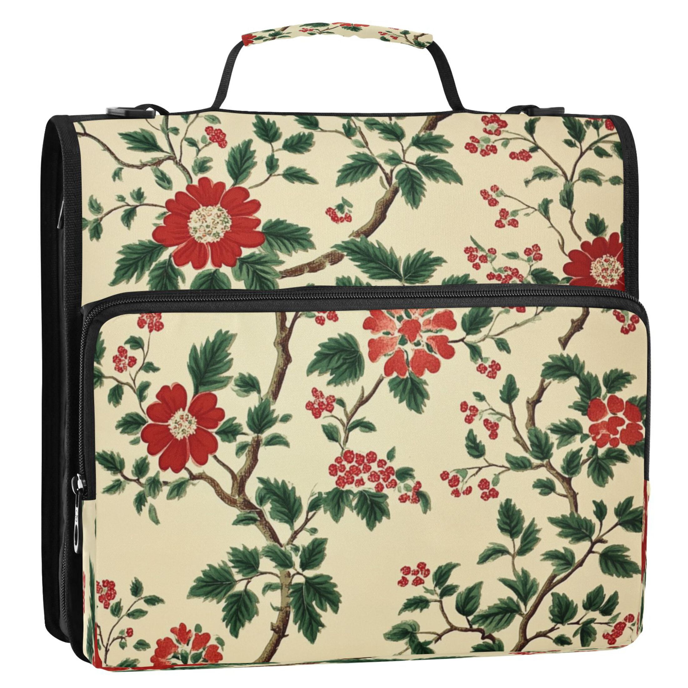 WOBOGO Red Flowers and Green Leaves Pattern Ring Binder Bag 1.5in ...