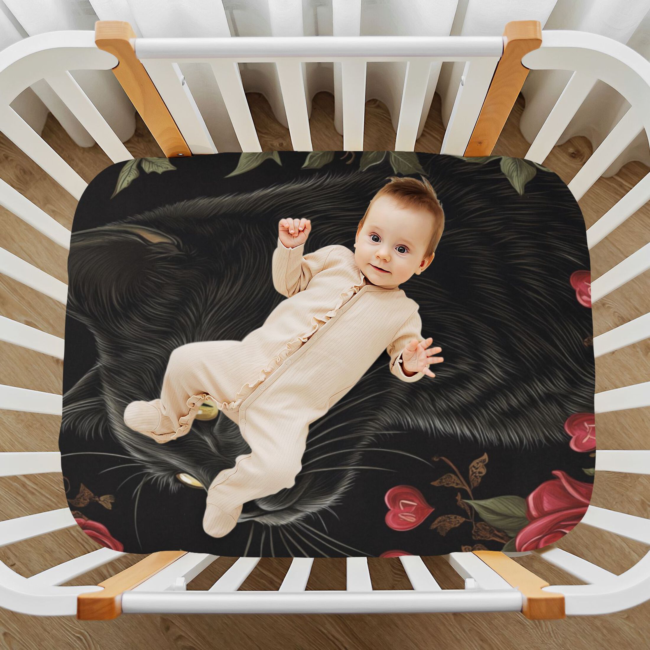 WOBOGO Red Rose Black Cat Pattern Baby Crib Sheets Super Soft ...