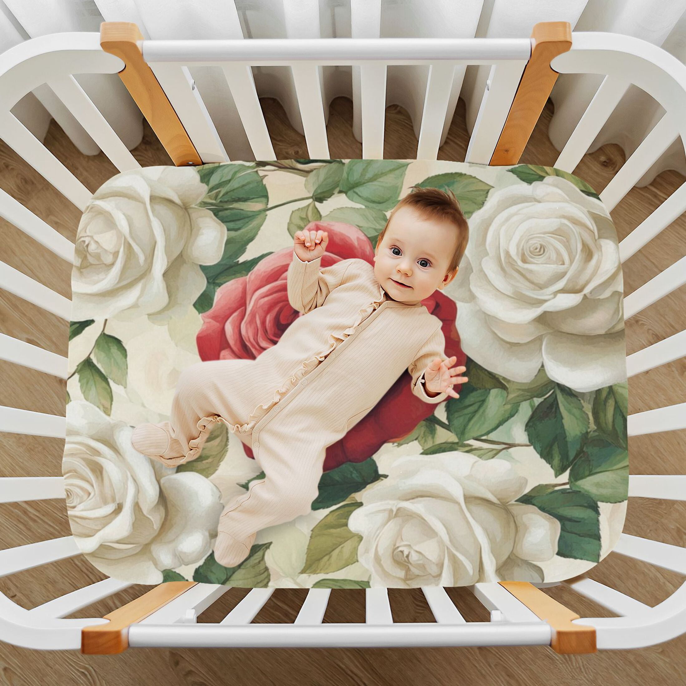 WOBOGO Red White Rose Pattern Baby Crib Sheets Super Soft Microfiber ...