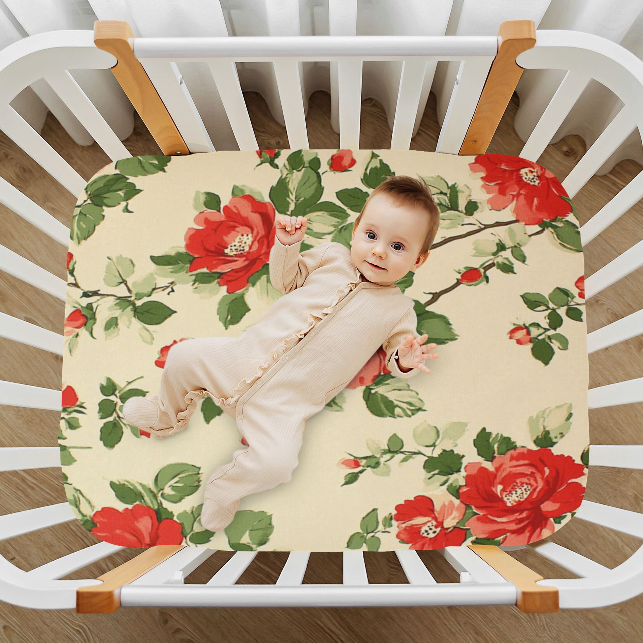 WOBOGO Red and Green Floral Pattern Baby Crib Sheets Super Soft ...
