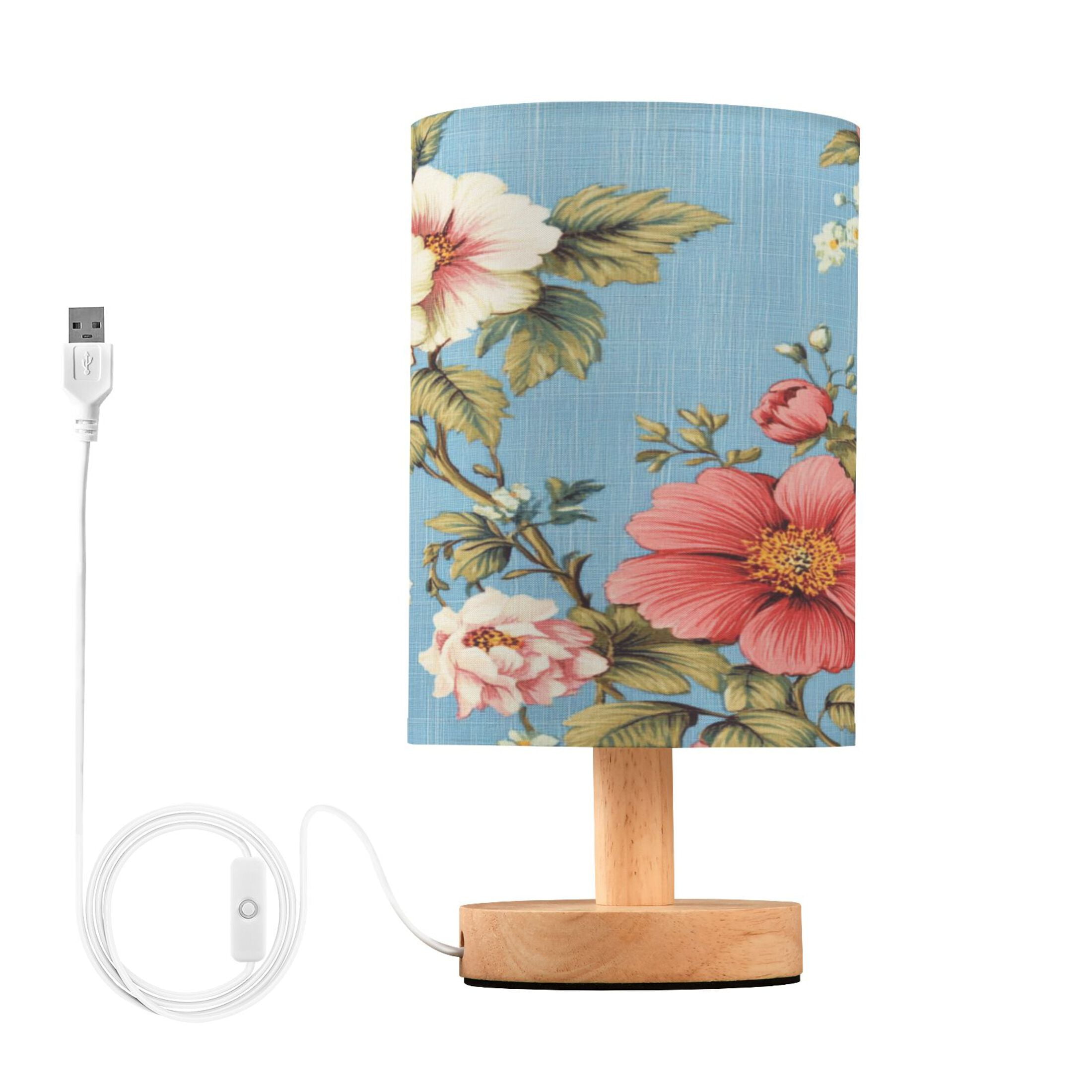 WOBOGO Red and White Vintage Flowers Bedroom Table Lamp USB Power ...