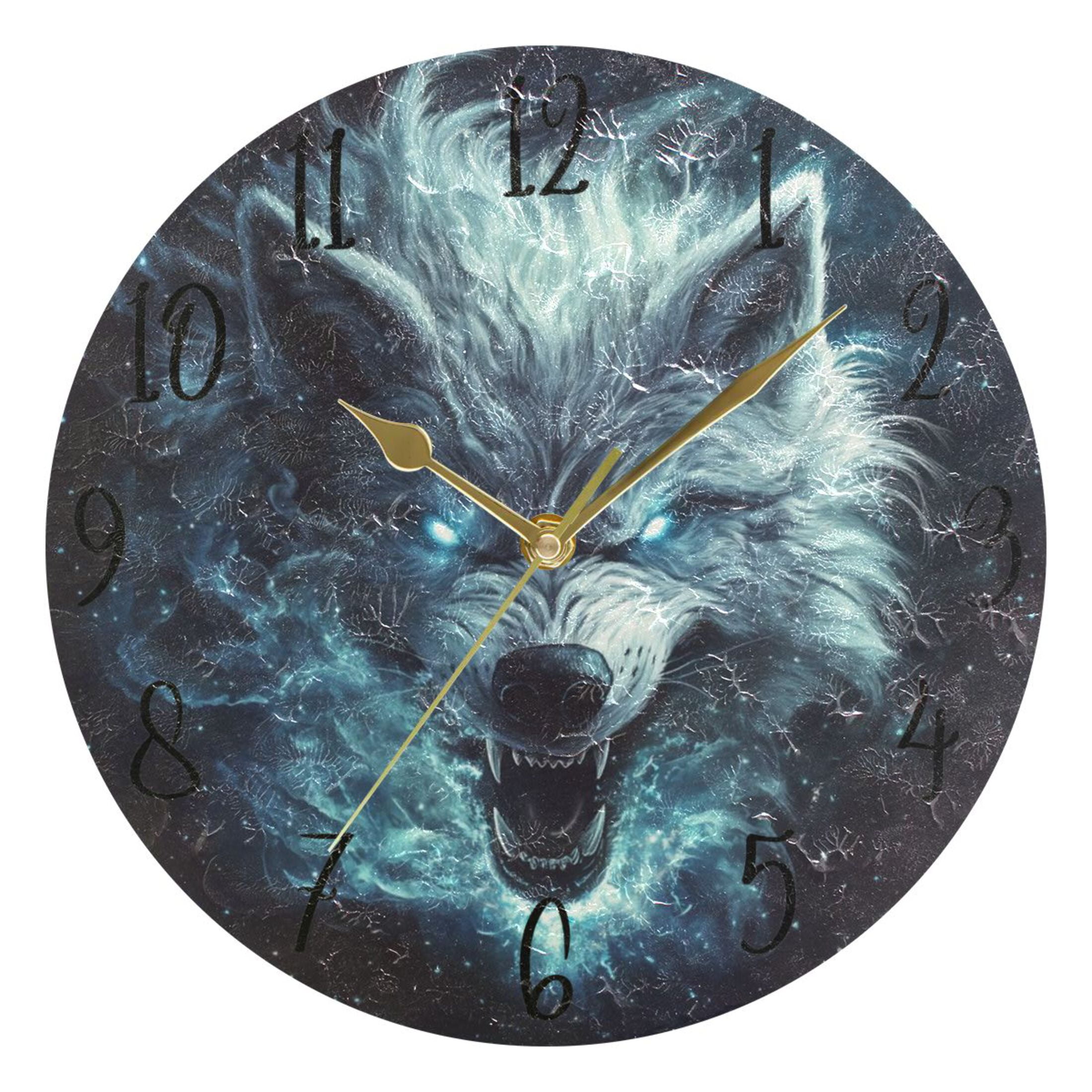 WOBOGO Show Ferocity Wolf Wall Clock 10in Silent Mechanism Battery Operated Retro Style for ...