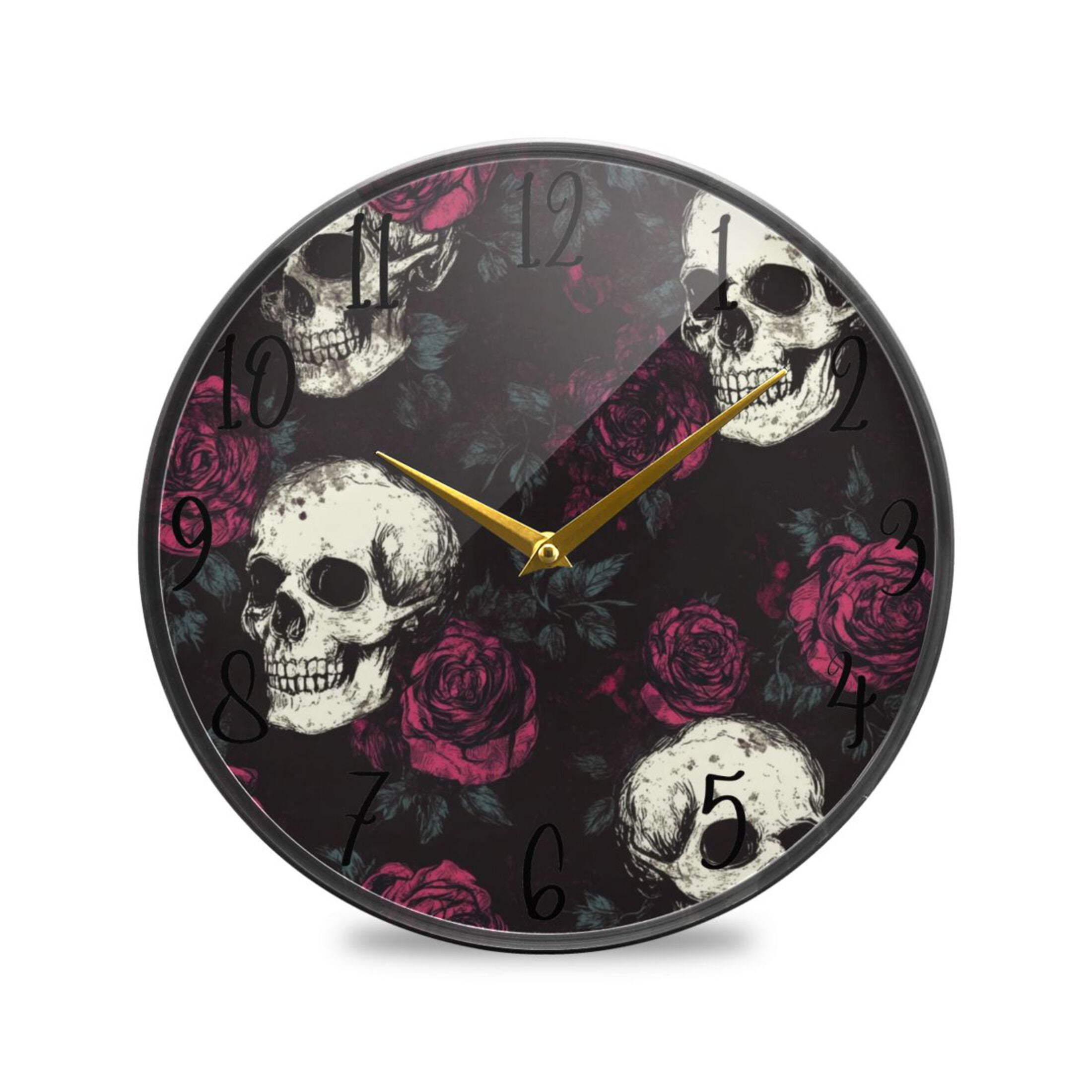 WOBOGO Skull Burgundy Roses Pattern Acrylic Wall Clock Battery Operated ...
