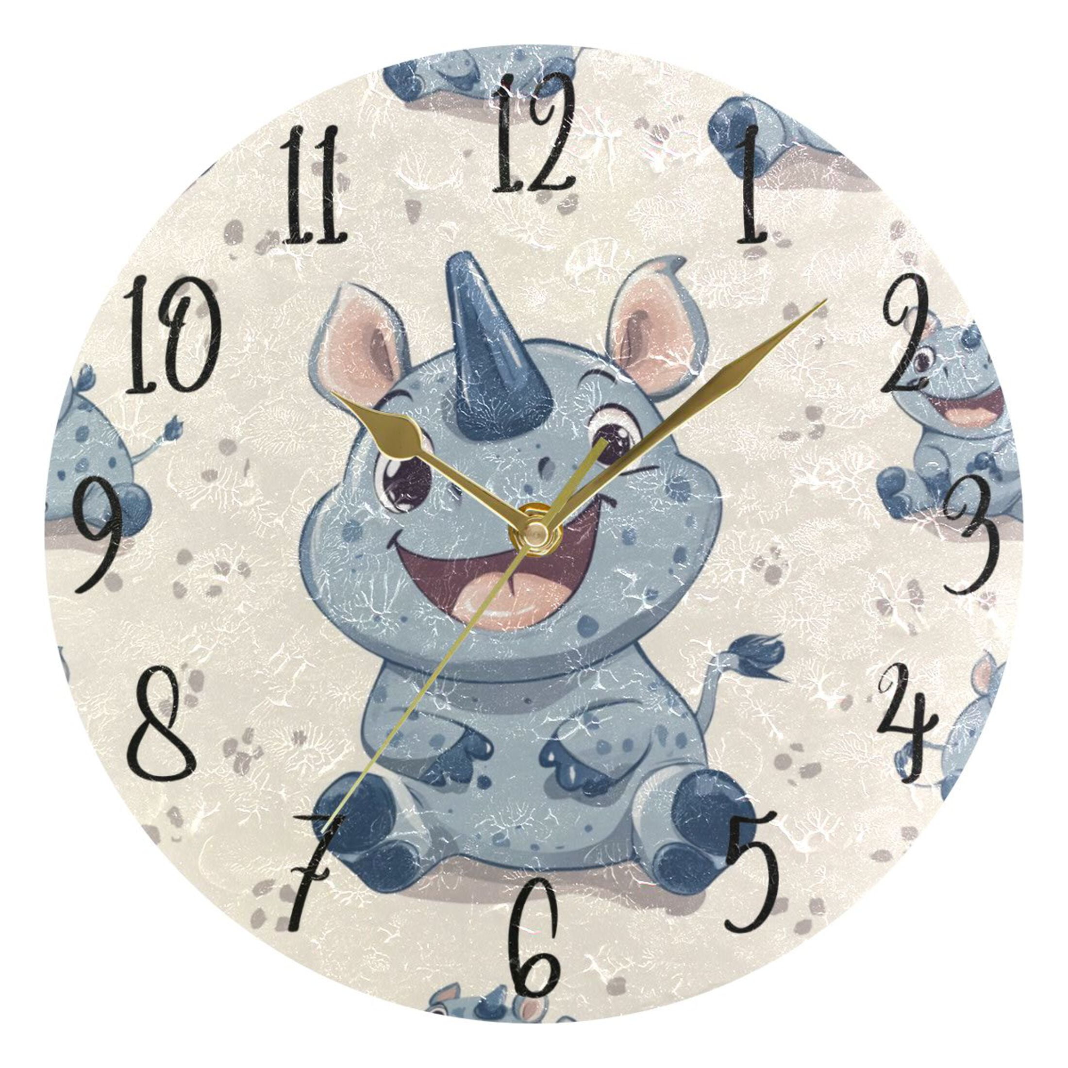WOBOGO Smile Cute Rhinoceros Wall Clock 10in Silent Mechanism Battery ...