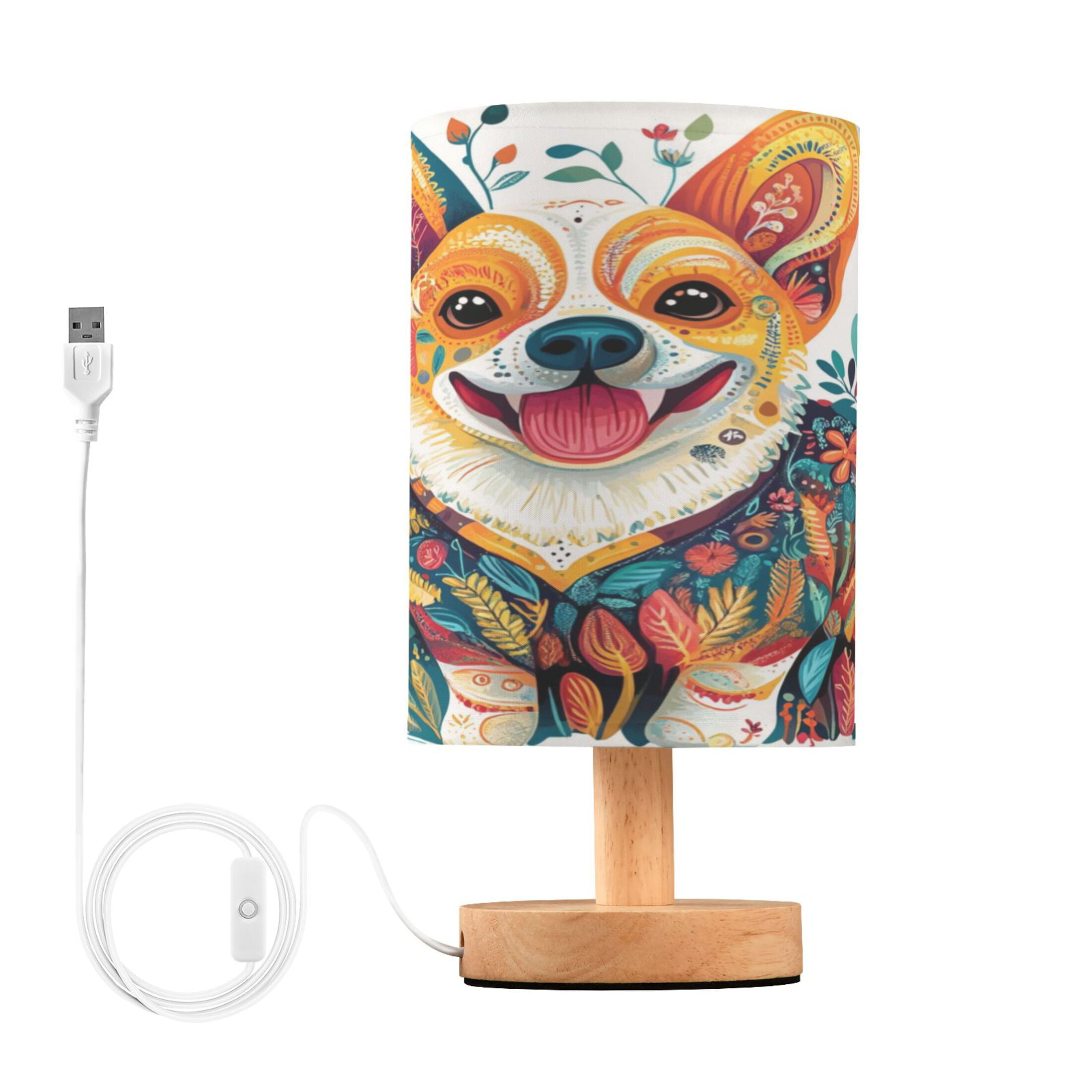 WOBOGO Smiling Corgi Dog Bedroom Table Lamp USB Power Connector Wooden ...