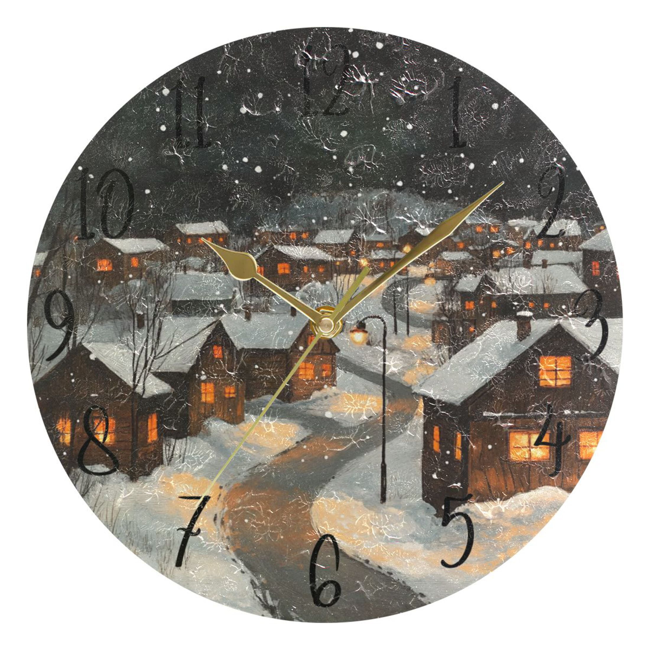WOBOGO Snowy Night Scene Wall Clock 10in Silent Mechanism Battery ...