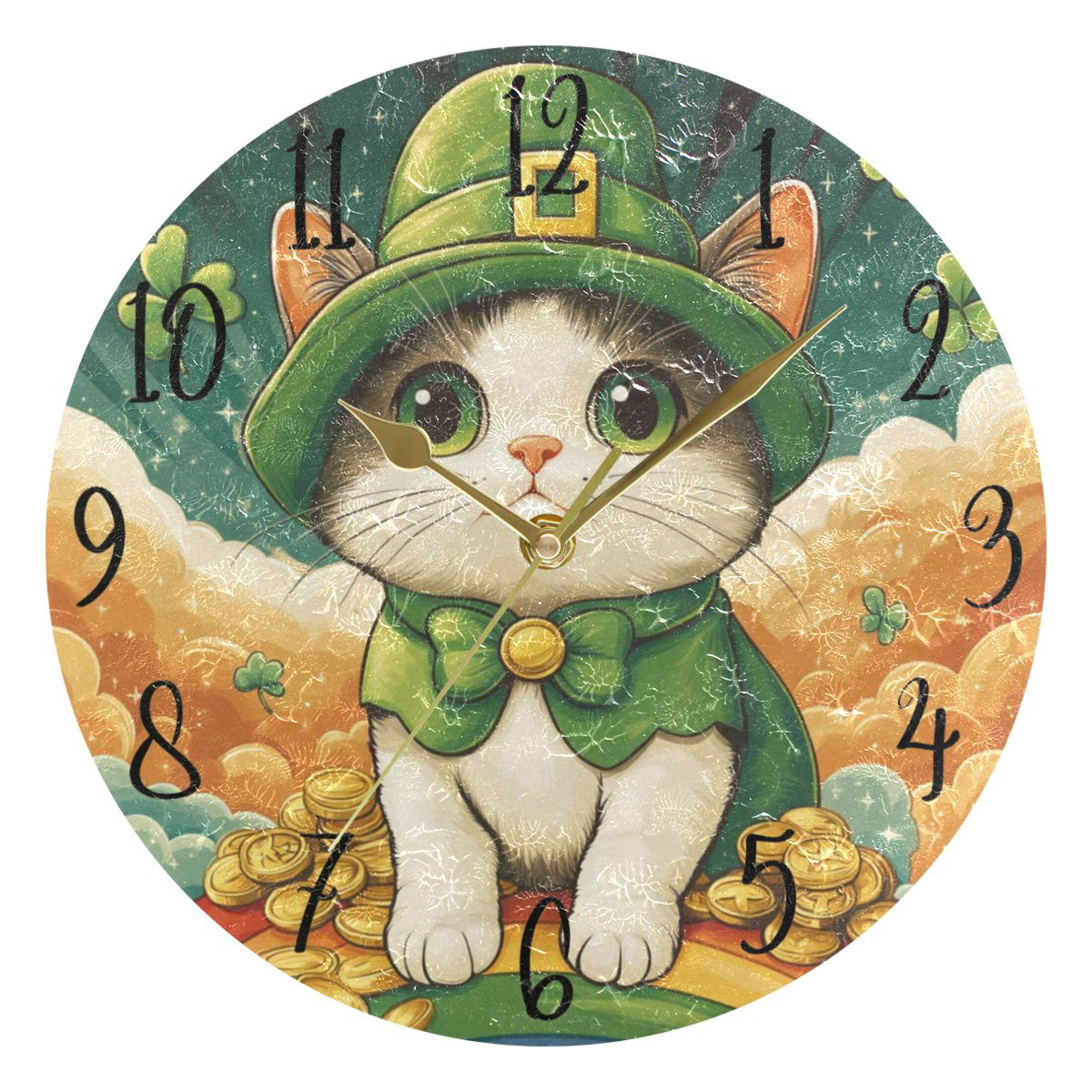 WOBOGO St Patricks Cat Wall Clock 10in Silent Mechanism Battery ...