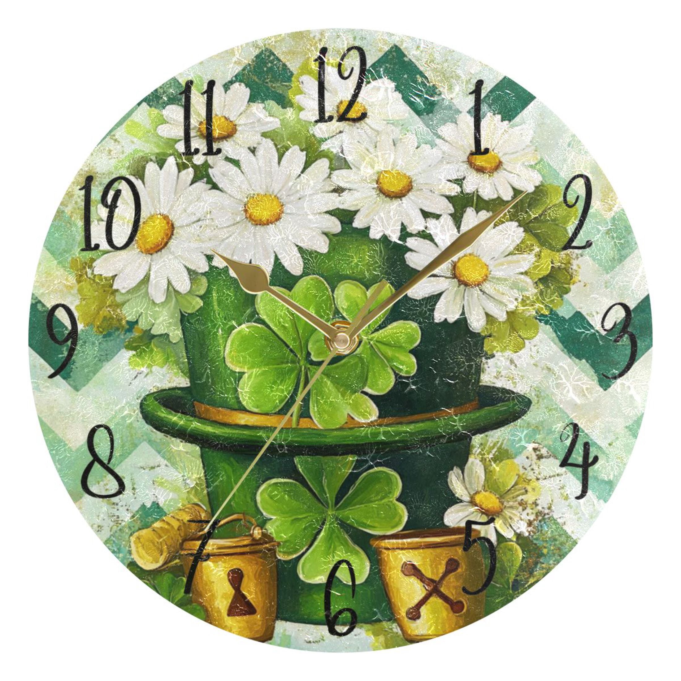WOBOGO St Patricks Daisies Hat Wall Clock 10in Silent Mechanism Battery ...