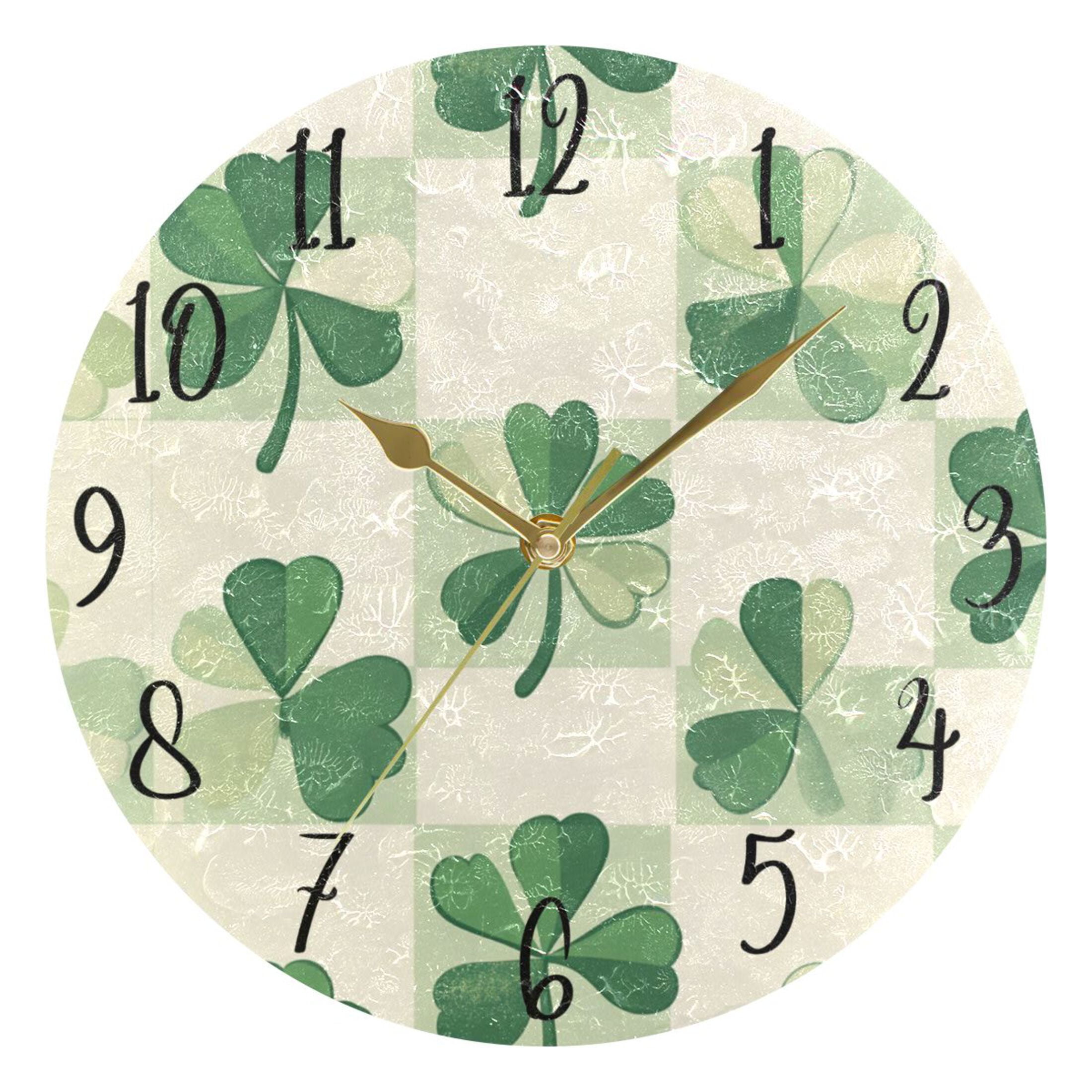 WOBOGO St Patricks Lucky Clover Wall Clock 10in Silent Mechanism ...