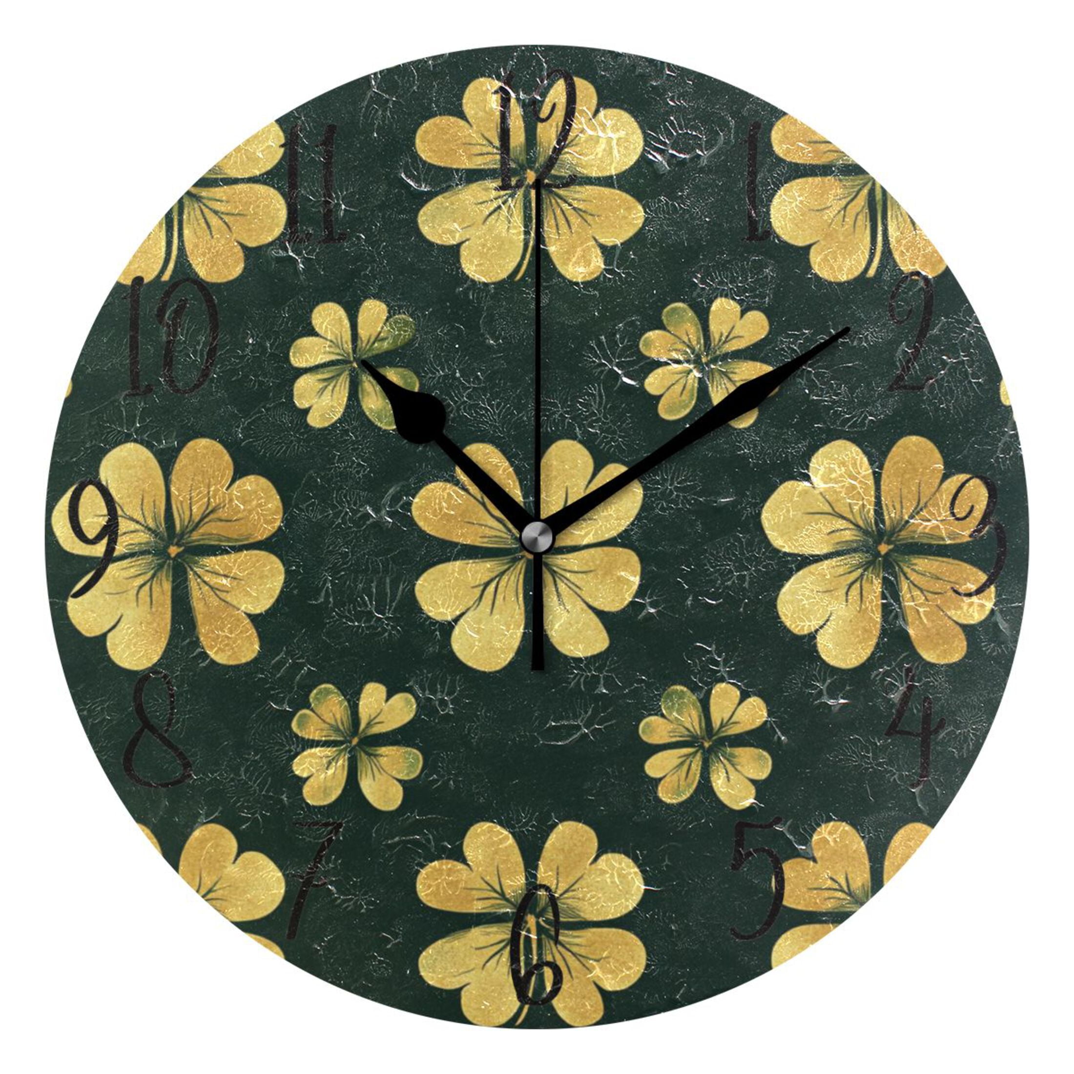 WOBOGO St Patricks Pattern Of Golden Shamrocks Wall Clock 10in Silent ...