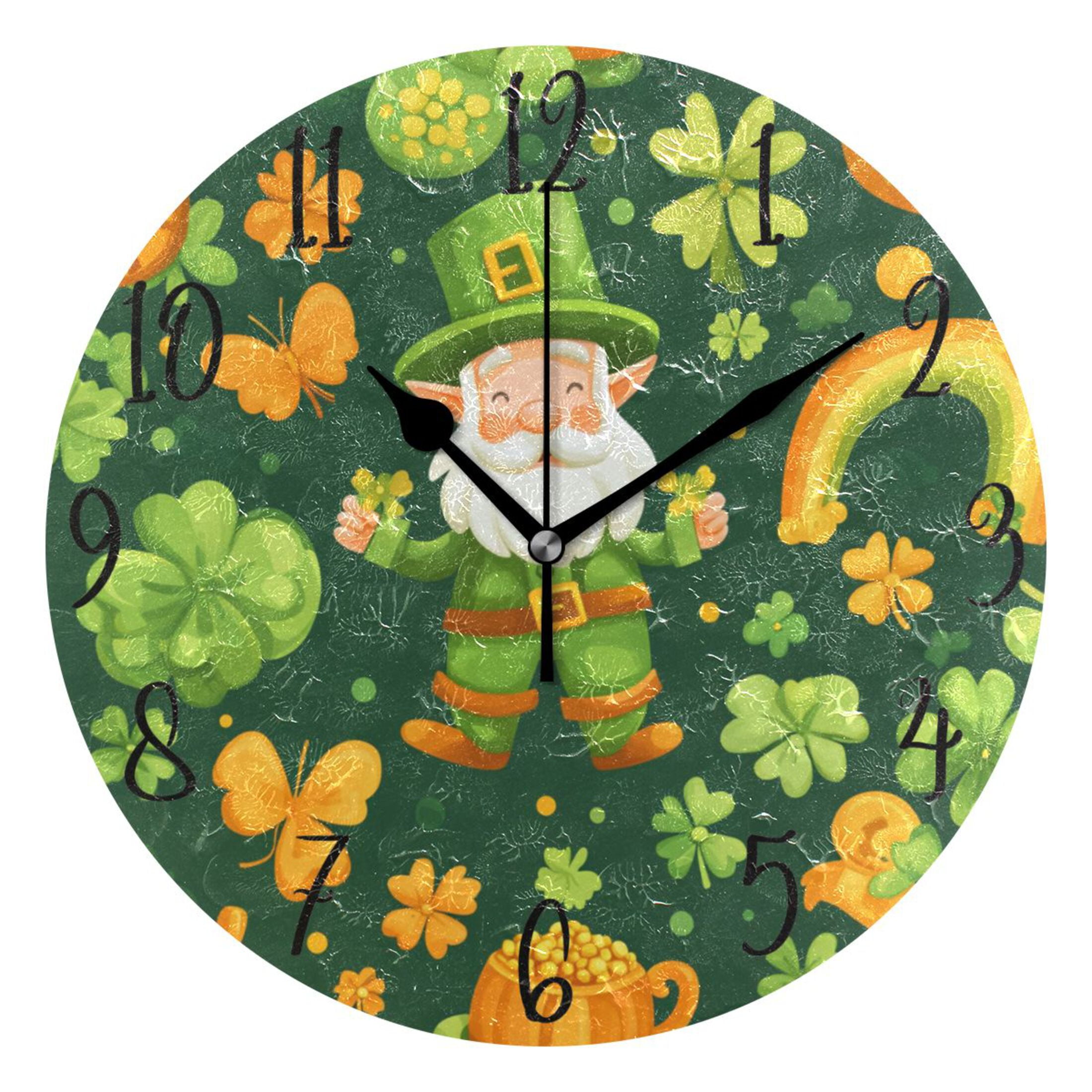 WOBOGO St Patricks Pattern with Leprechaun and Shamrock Wall Clock 10in ...