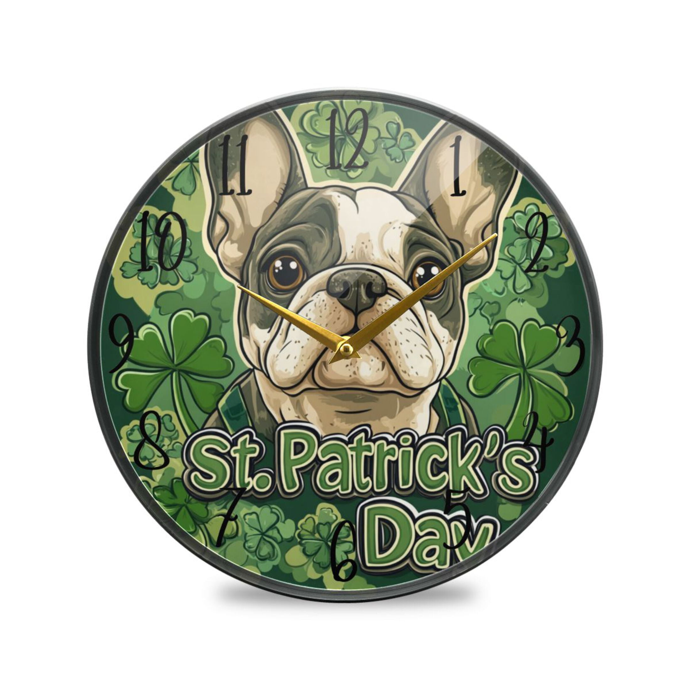 WOBOGO Stpatricks Day Cute Bulldog Acrylic Wall Clock Battery Operated ...