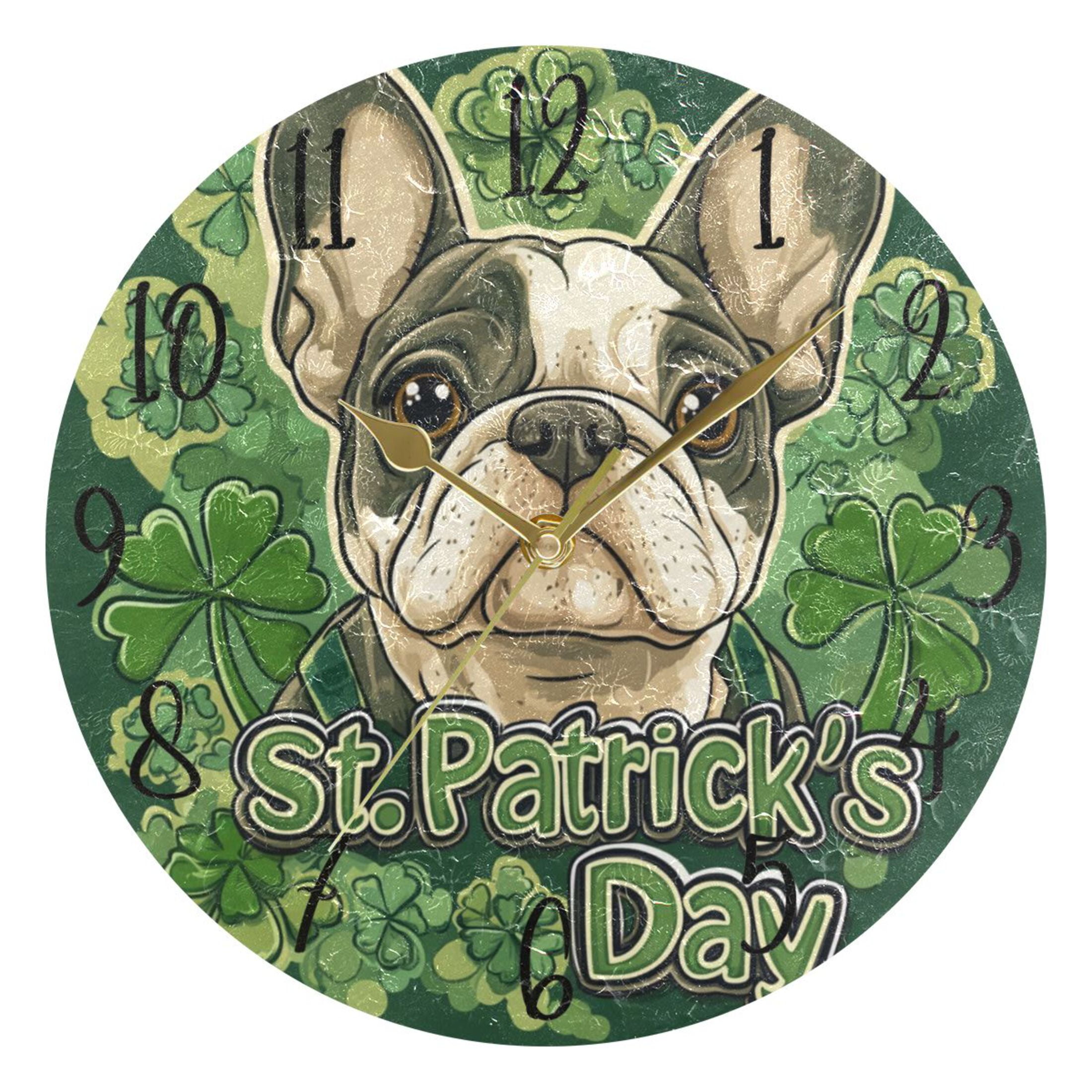 WOBOGO Stpatricks Day Cute Bulldog Wall Clock 10in Silent Mechanism ...
