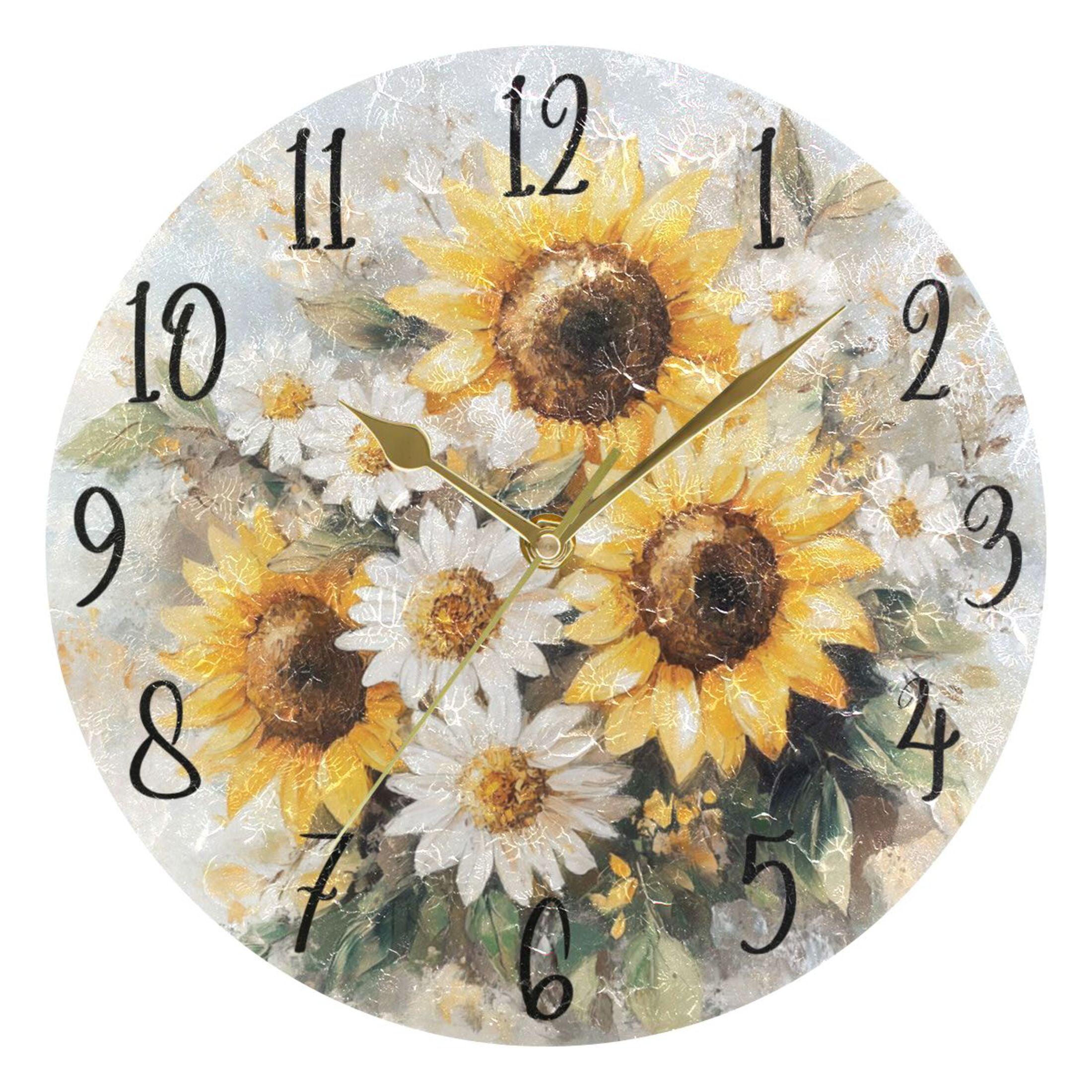WOBOGO Sunflowers and Daisies Wall Clock 10in Silent Mechanism Battery ...