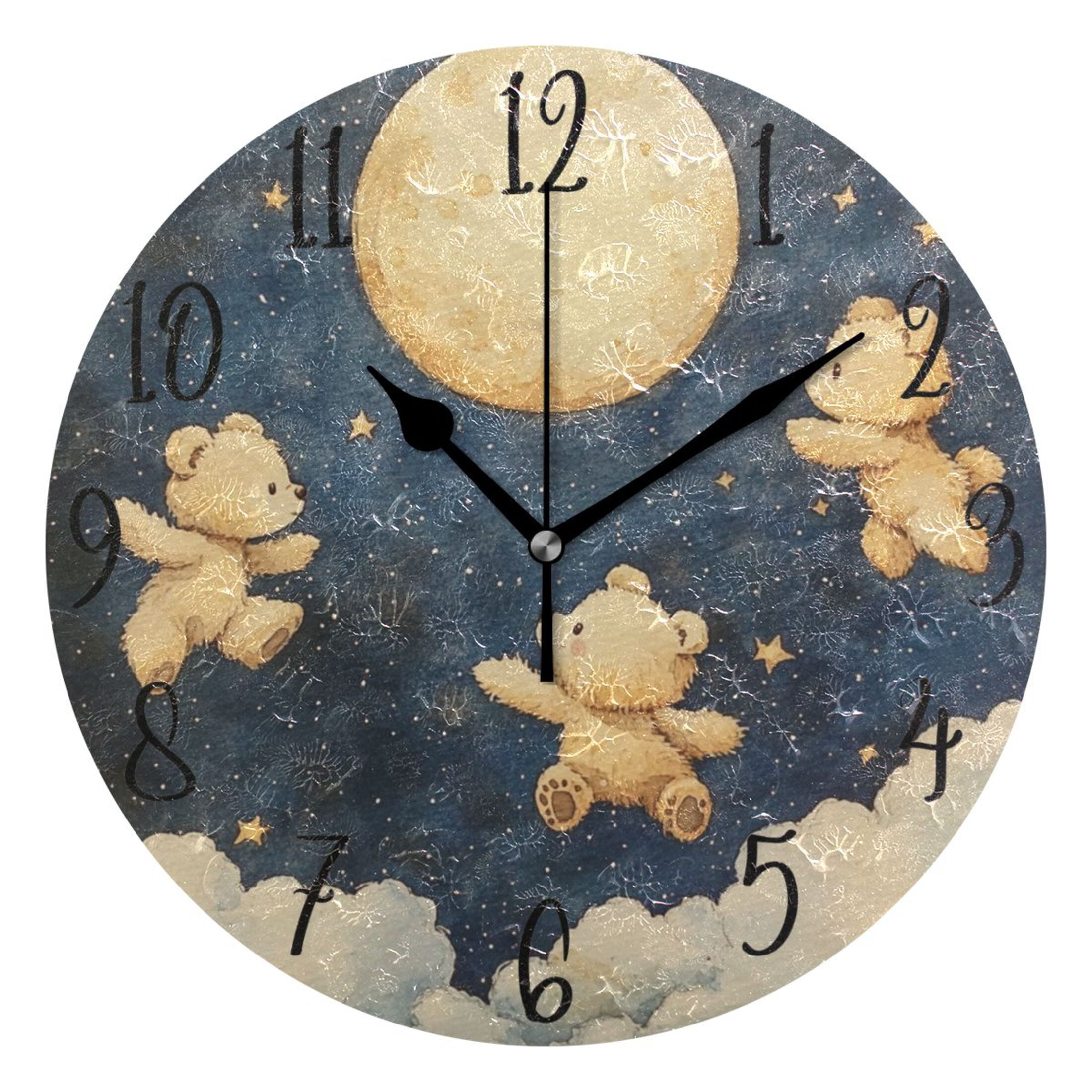WOBOGO Teddy Bear Star Pattern Wall Clock 10in Silent Mechanism Battery ...