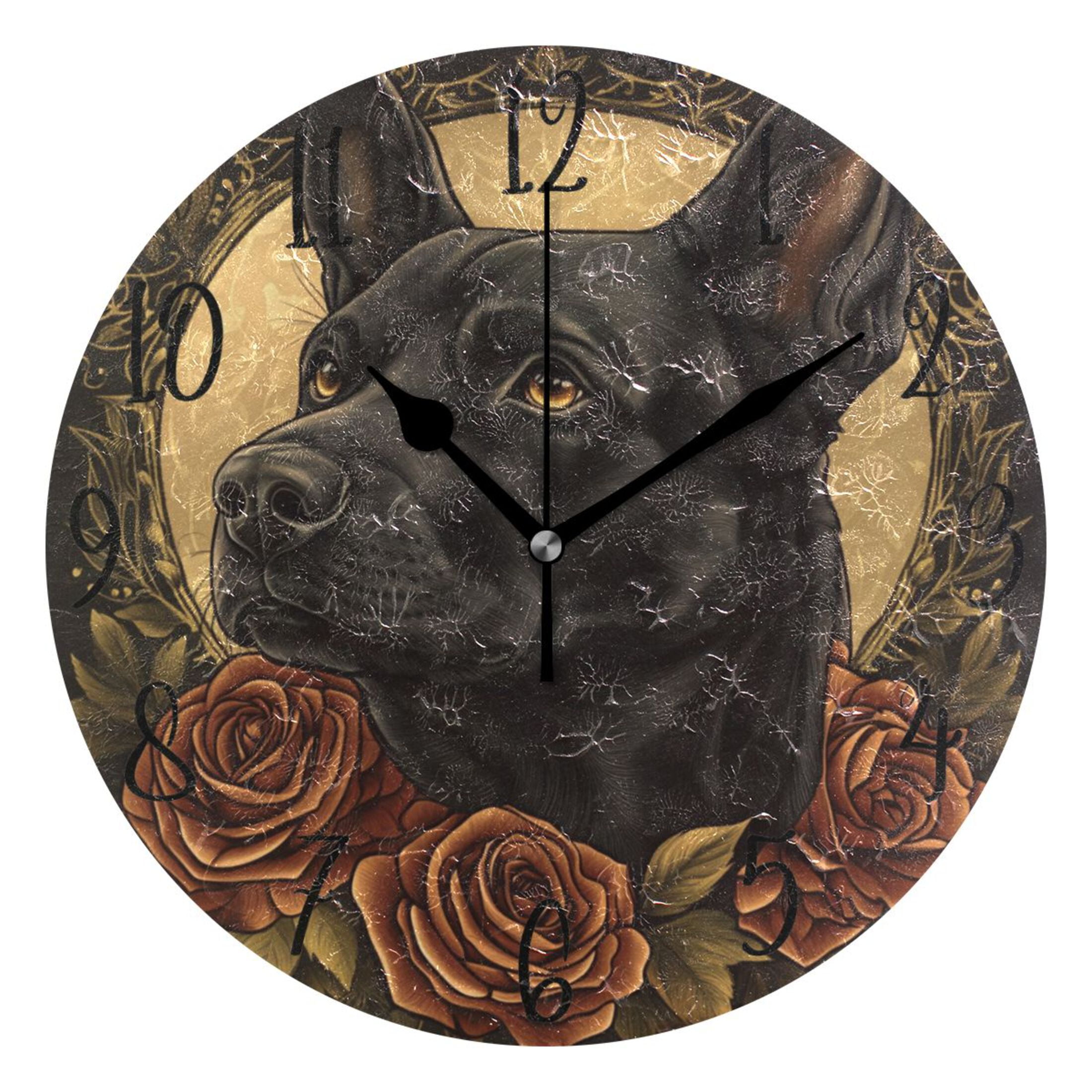 WOBOGO The Black Dog with Red Rose Wall Clock 10in Silent Mechanism ...