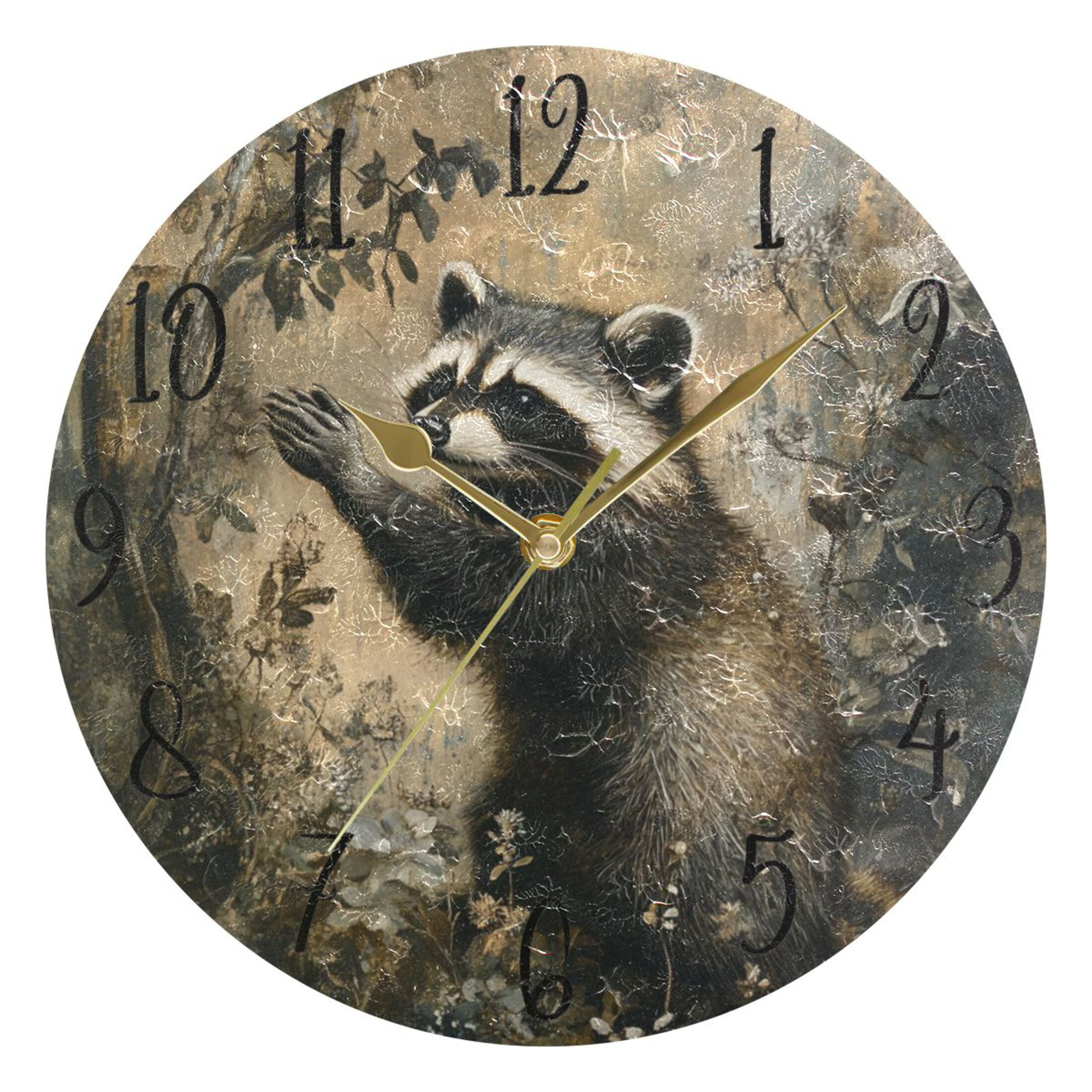 WOBOGO The Cute Raccoon Wall Clock 10in Silent Mechanism Battery ...