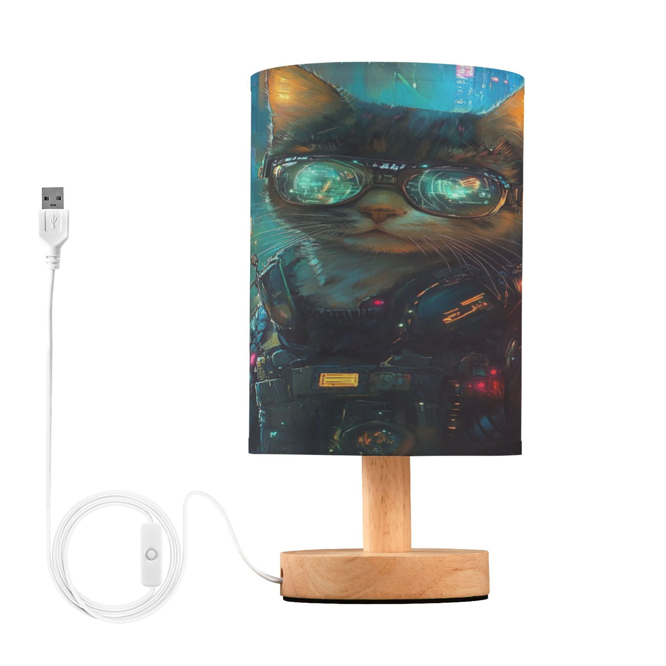 WOBOGO The Cyberpunk Cat Bedroom Table Lamp USB Power Connector Wooden ...