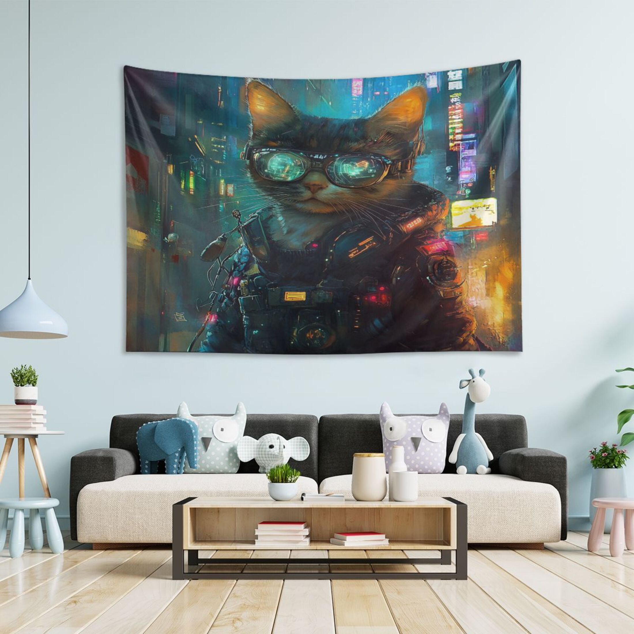 WOBOGO The Cyberpunk Cat Tapestry 90×60in Home Living Room Bedroom Wall ...