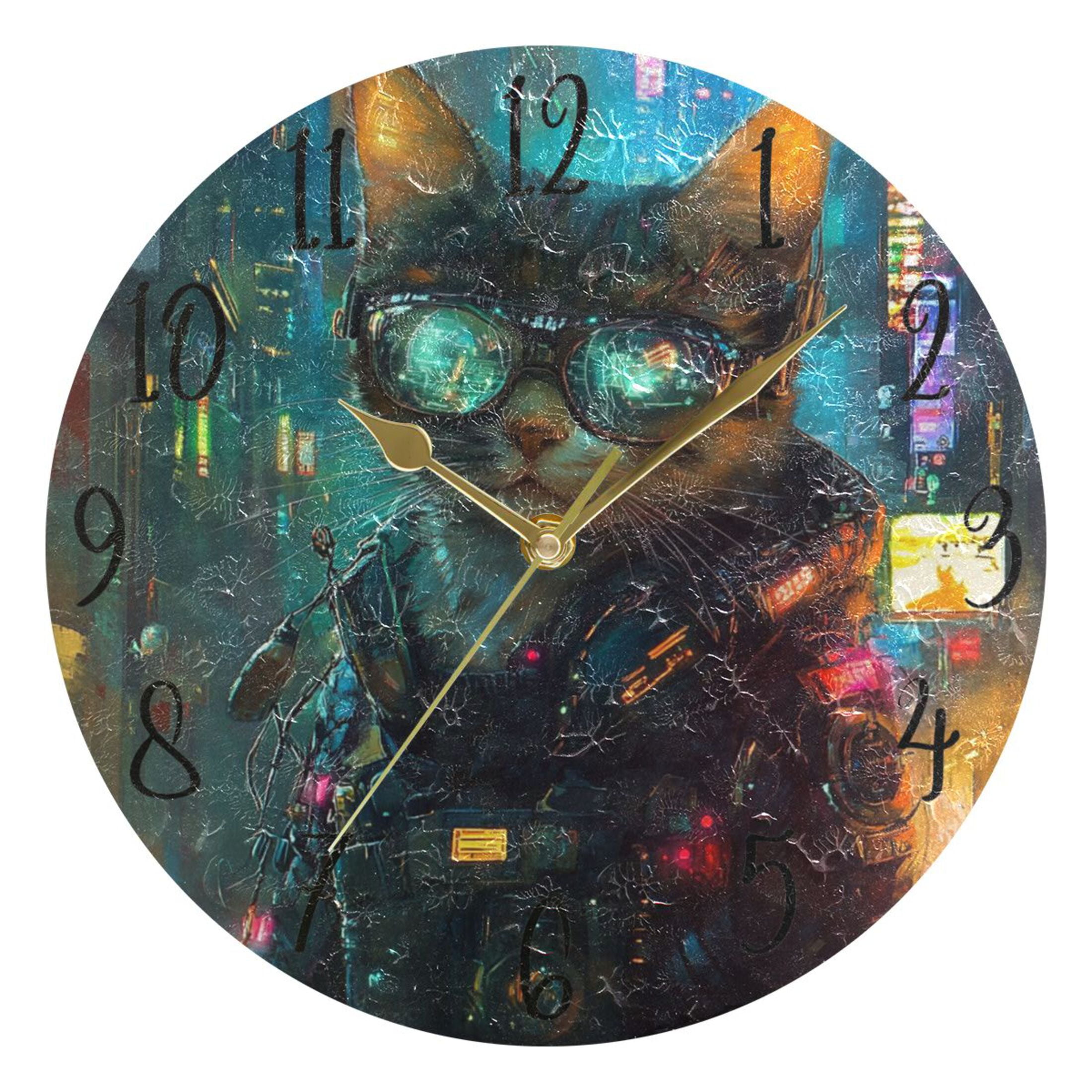 WOBOGO The Cyberpunk Cat Wall Clock 10in Silent Mechanism Battery ...