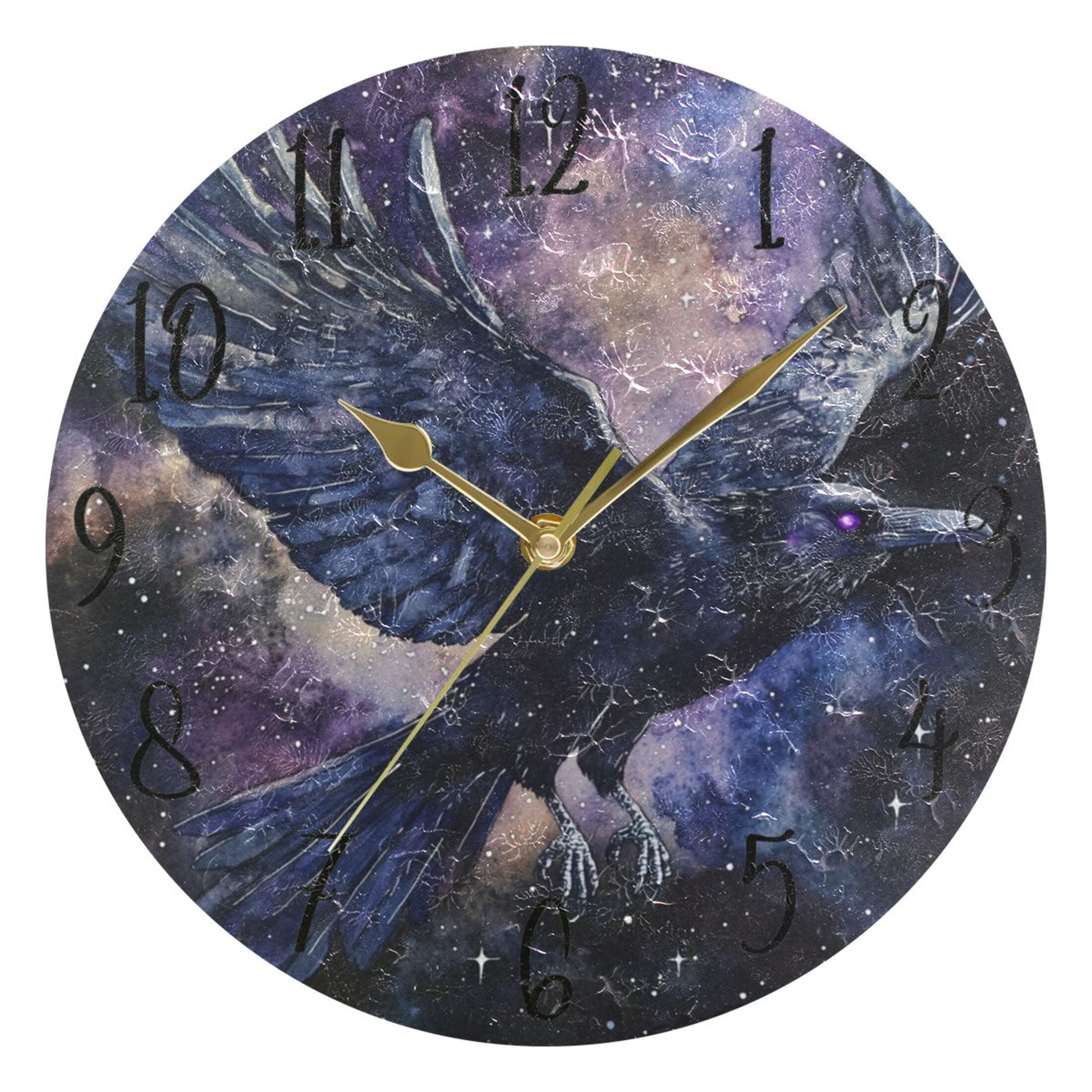 WOBOGO The Starry Night Crow Wall Clock 10in Silent Mechanism Battery ...
