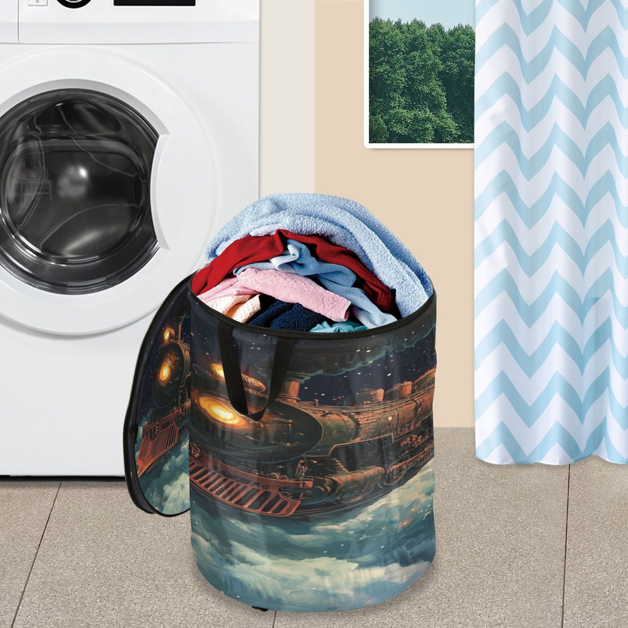 WOBOGO The Train Travels in Space Foldable Laundry Baskets with Carry ...