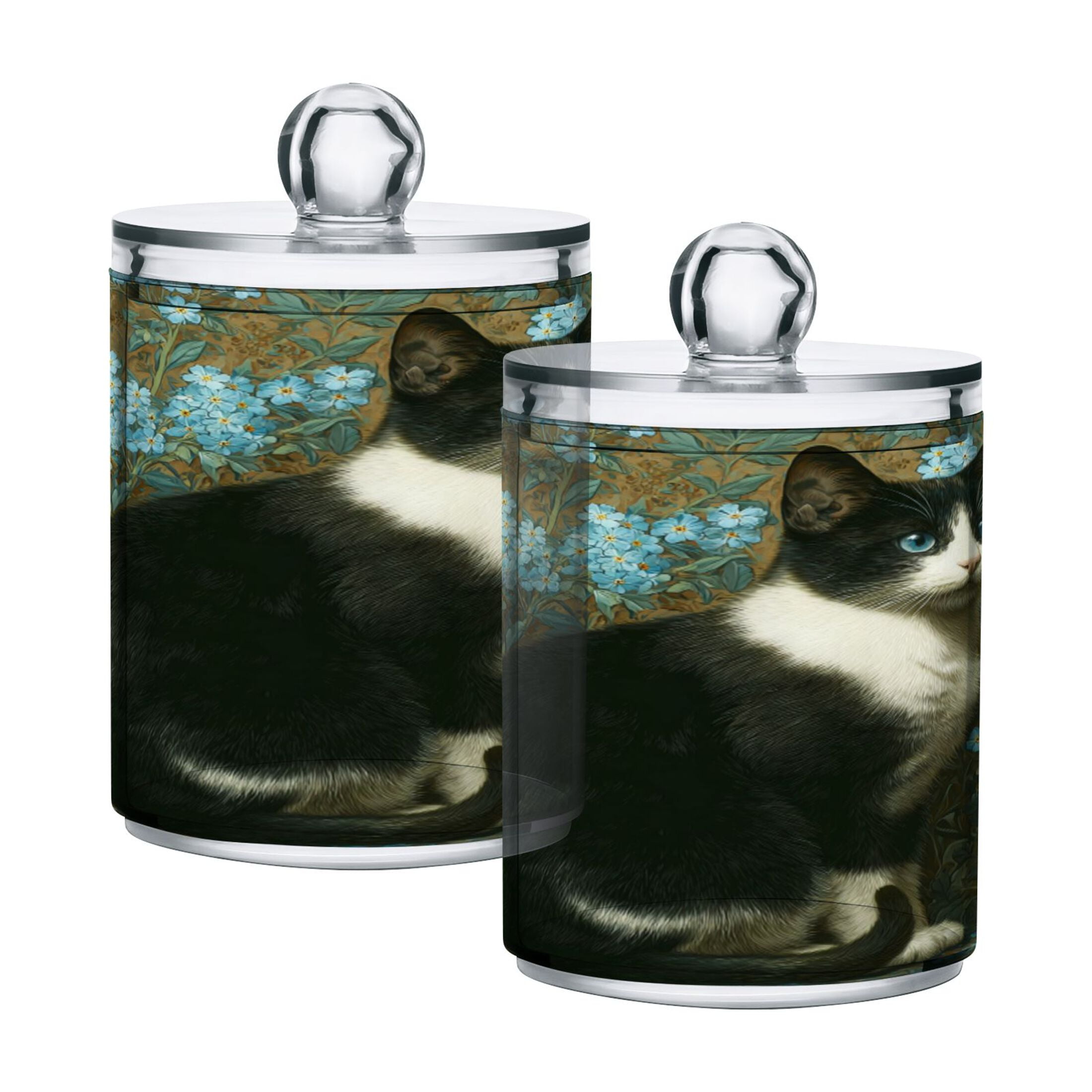 WOBOGO Tuxedo Cat Transparent Plastic Jar 4pcs Cotton Swabs Balls Pads ...