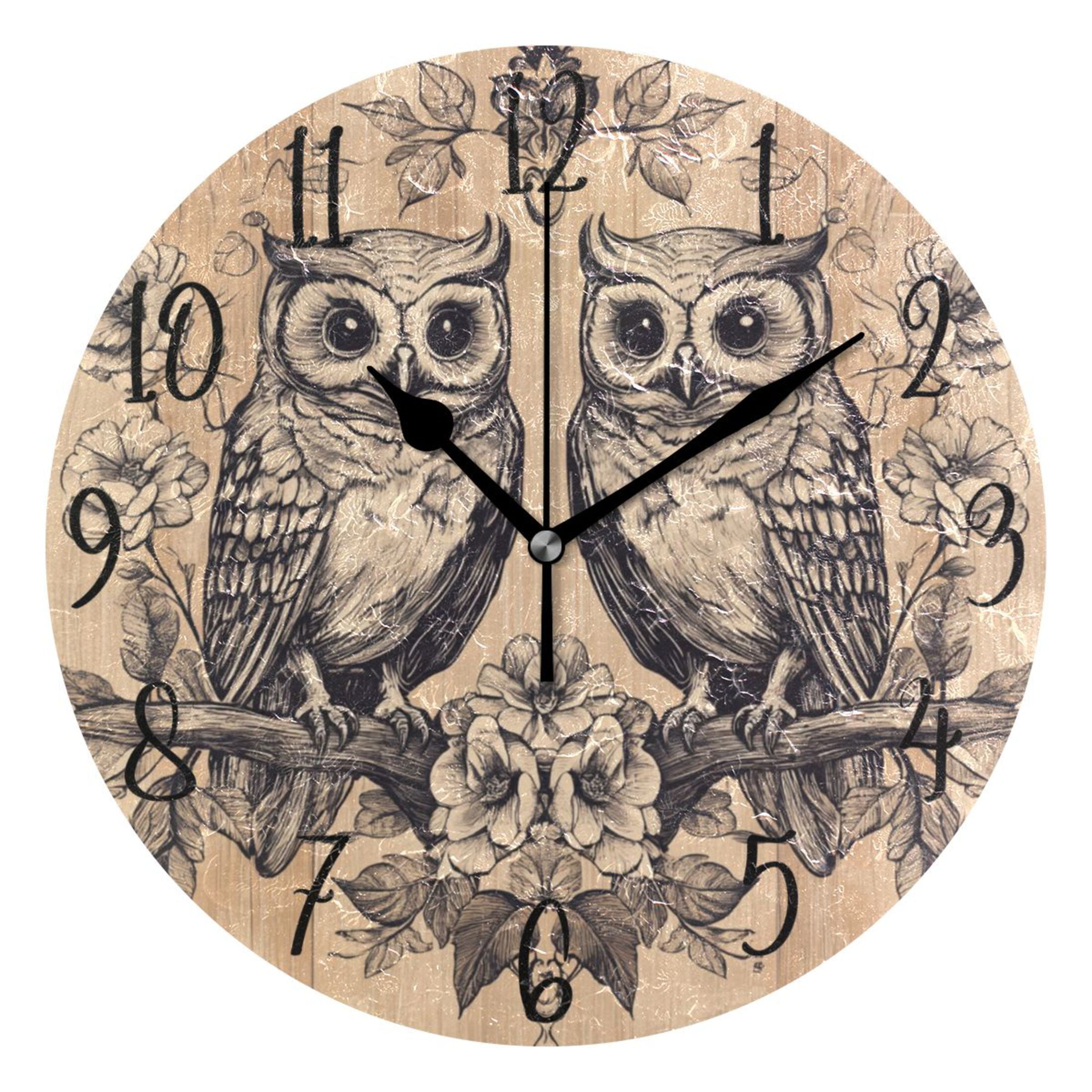 WOBOGO Two Owls Sitting on Opposite Branches Wall Clock 10in Silent ...