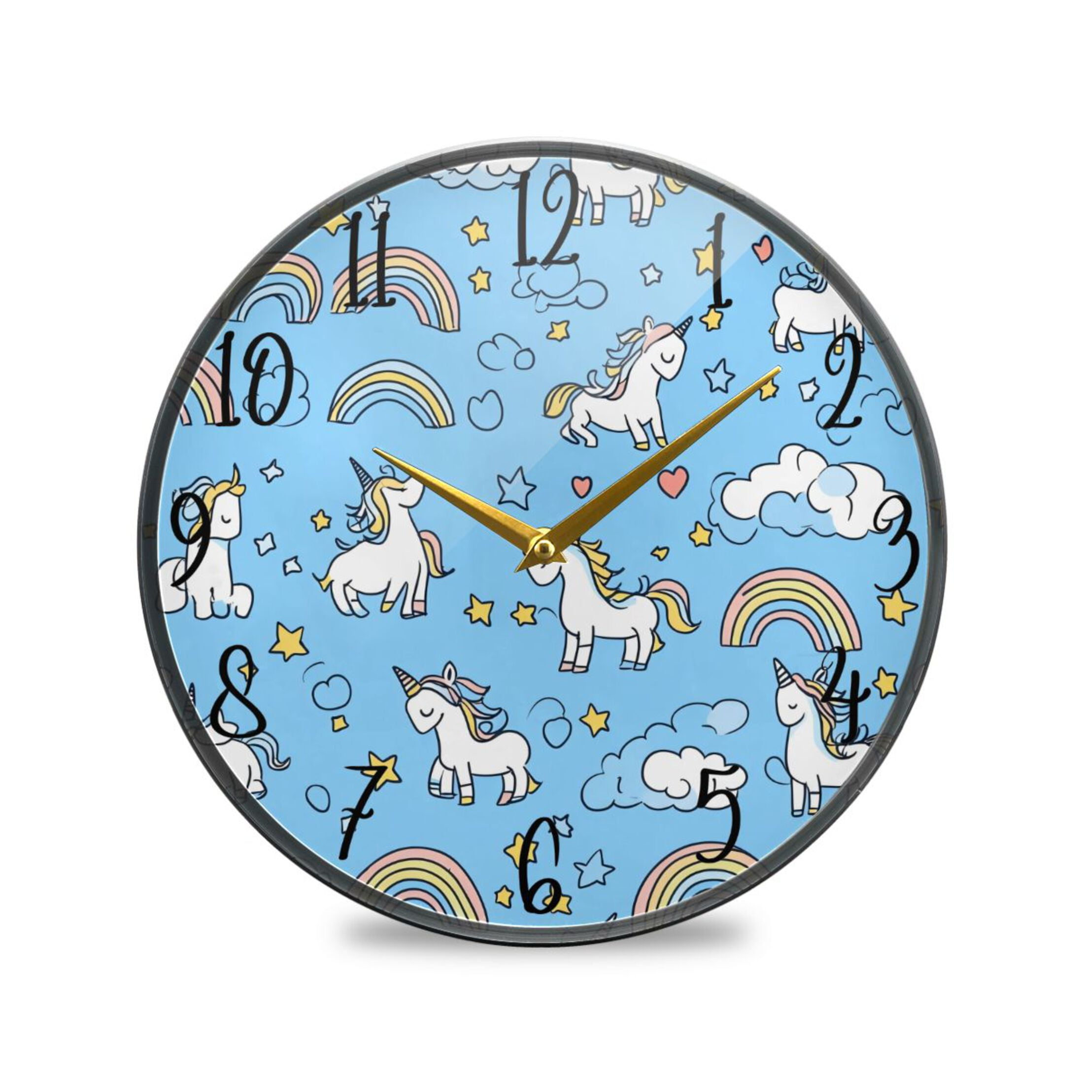 WOBOGO Unicorns Rainbows Blue Pattern Acrylic Wall Clock Battery ...