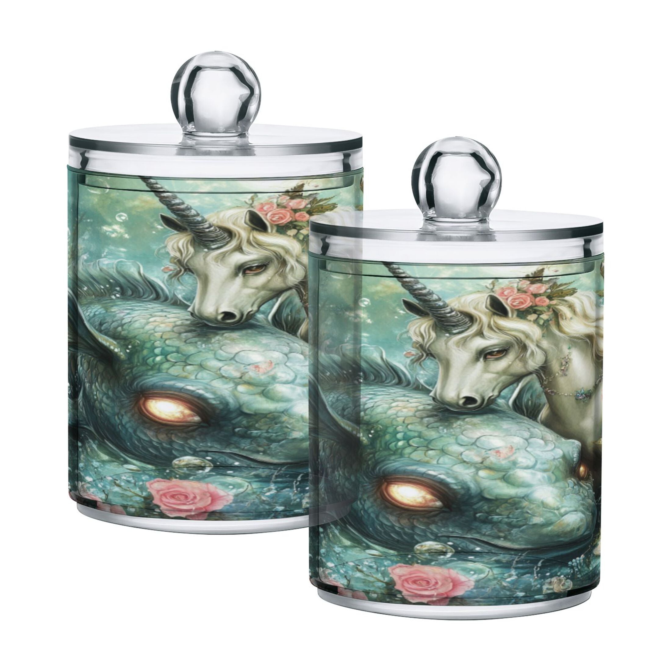 WOBOGO Unicorns and Sea Fish Transparent Plastic Jar 4pcs Cotton Swabs ...