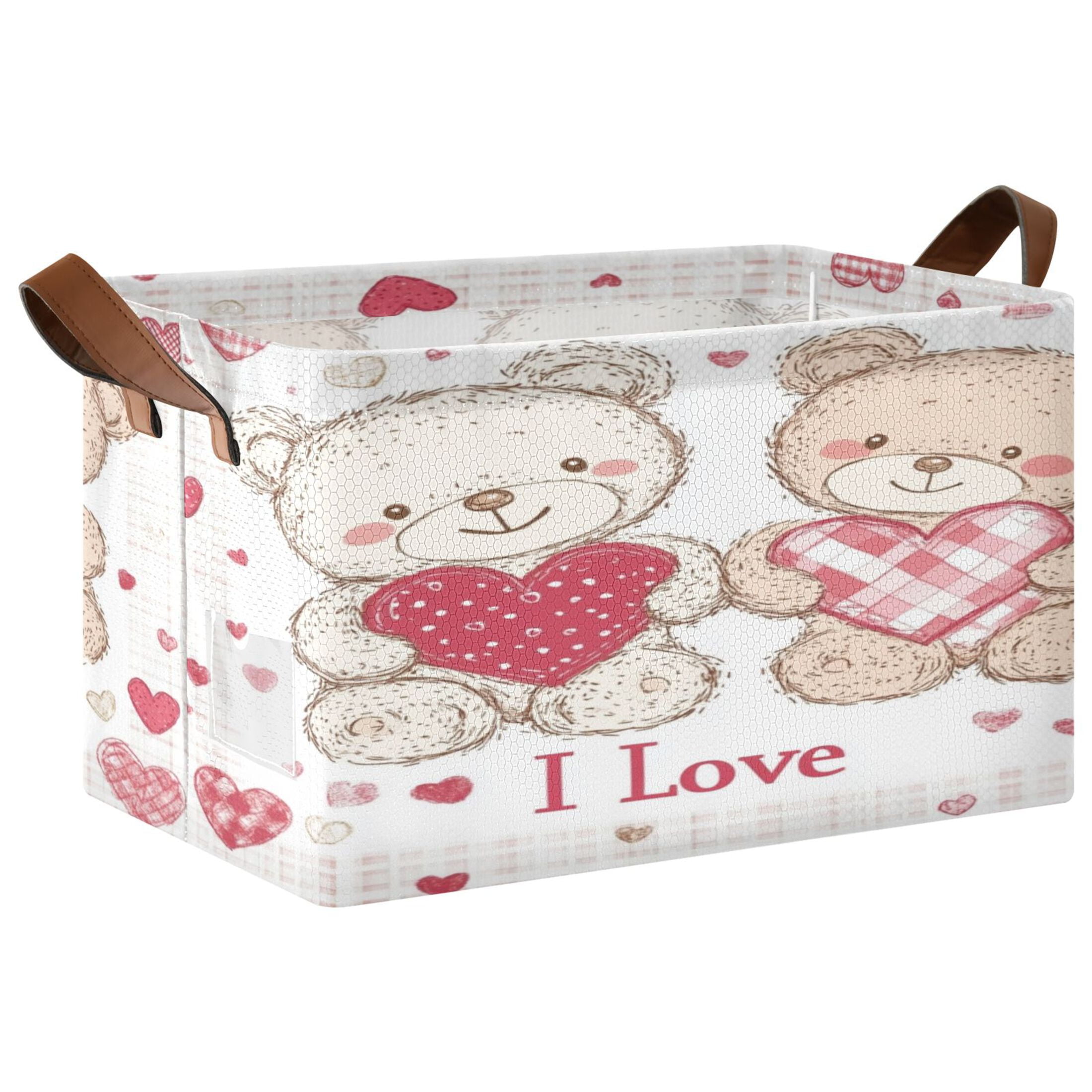 WOBOGO Valentine Teddy Bear Storage Basket 16.9×11.4×10in Collapsible ...