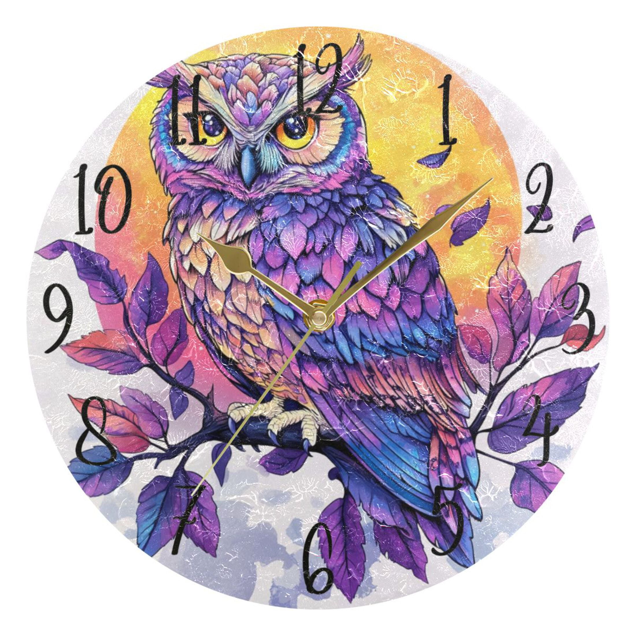 WOBOGO Vivid Purple Owl Wall Clock 10in Silent Mechanism Battery ...