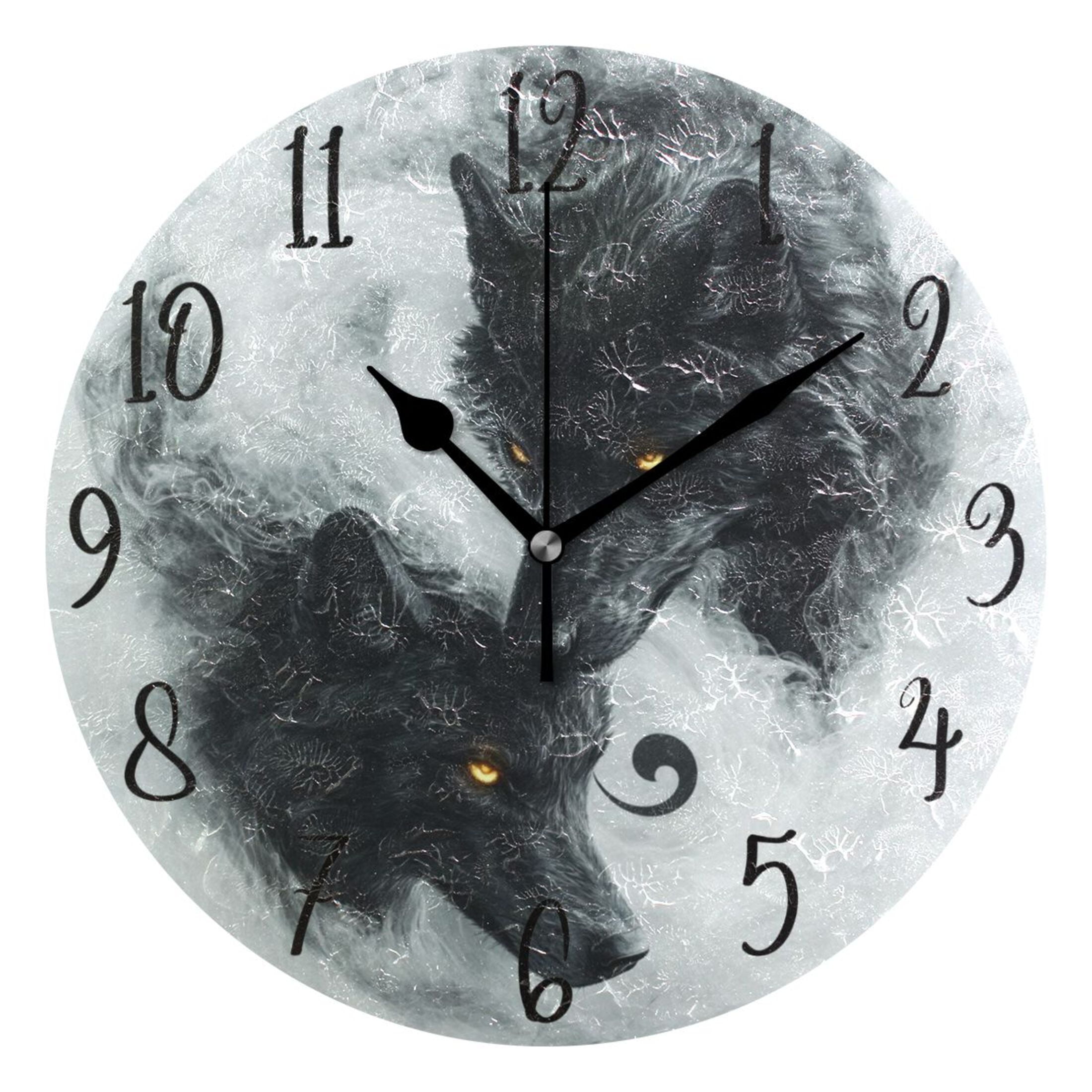 WOBOGO Watercolor Style Black Wolf Wall Clock 10in Silent Mechanism Battery Operated Retro Style ...