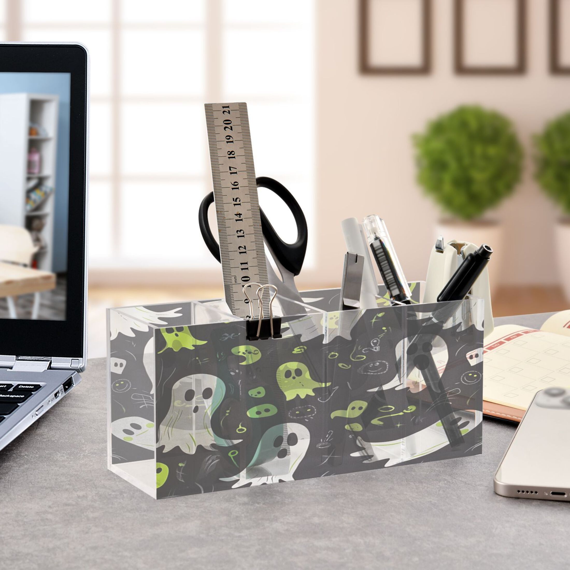 WOBOGO White Cartoon Ghost Black Background Pattern Acrylic Pen Holder ...