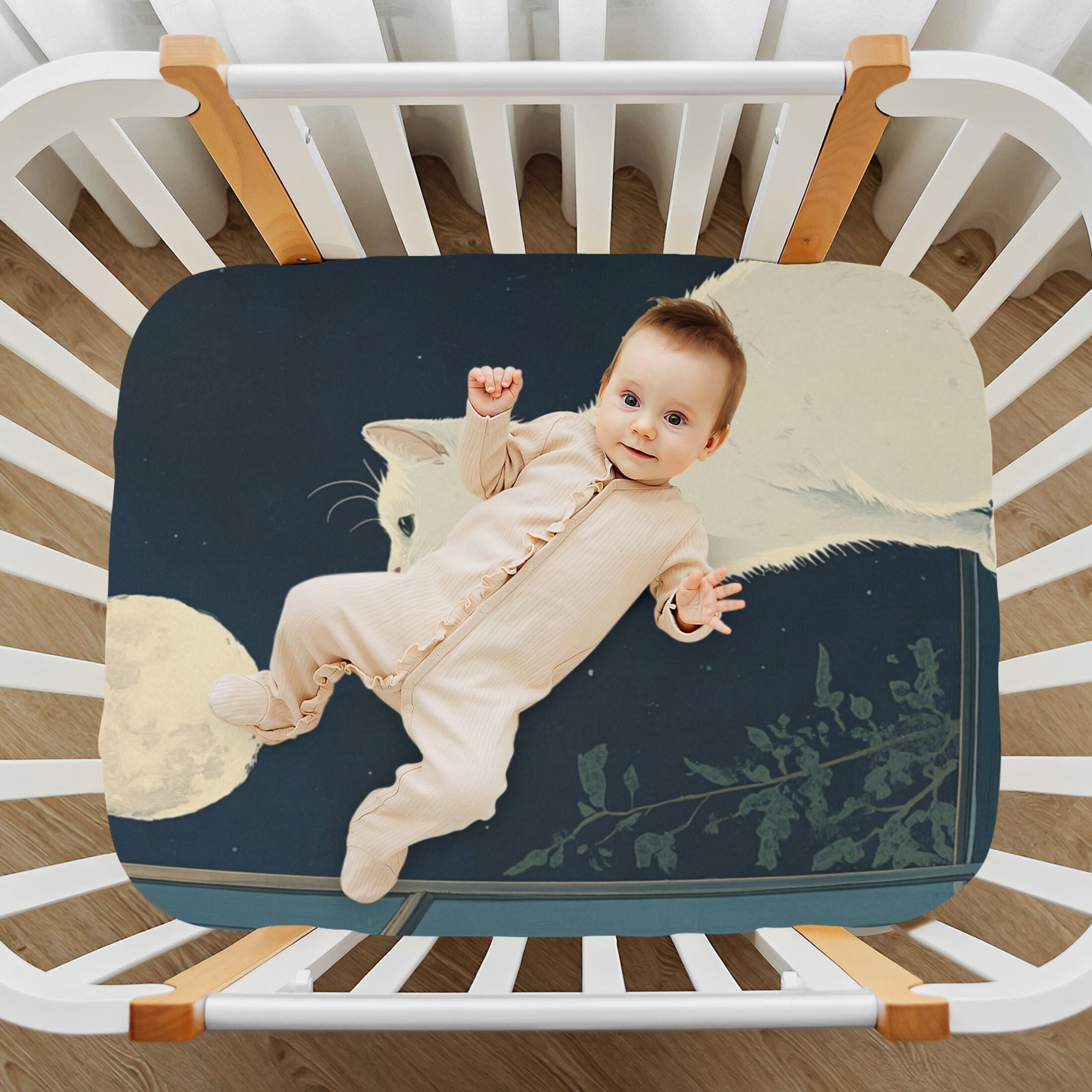 WOBOGO White Cat Enjoying The Moon Baby Crib Sheets Super Soft ...