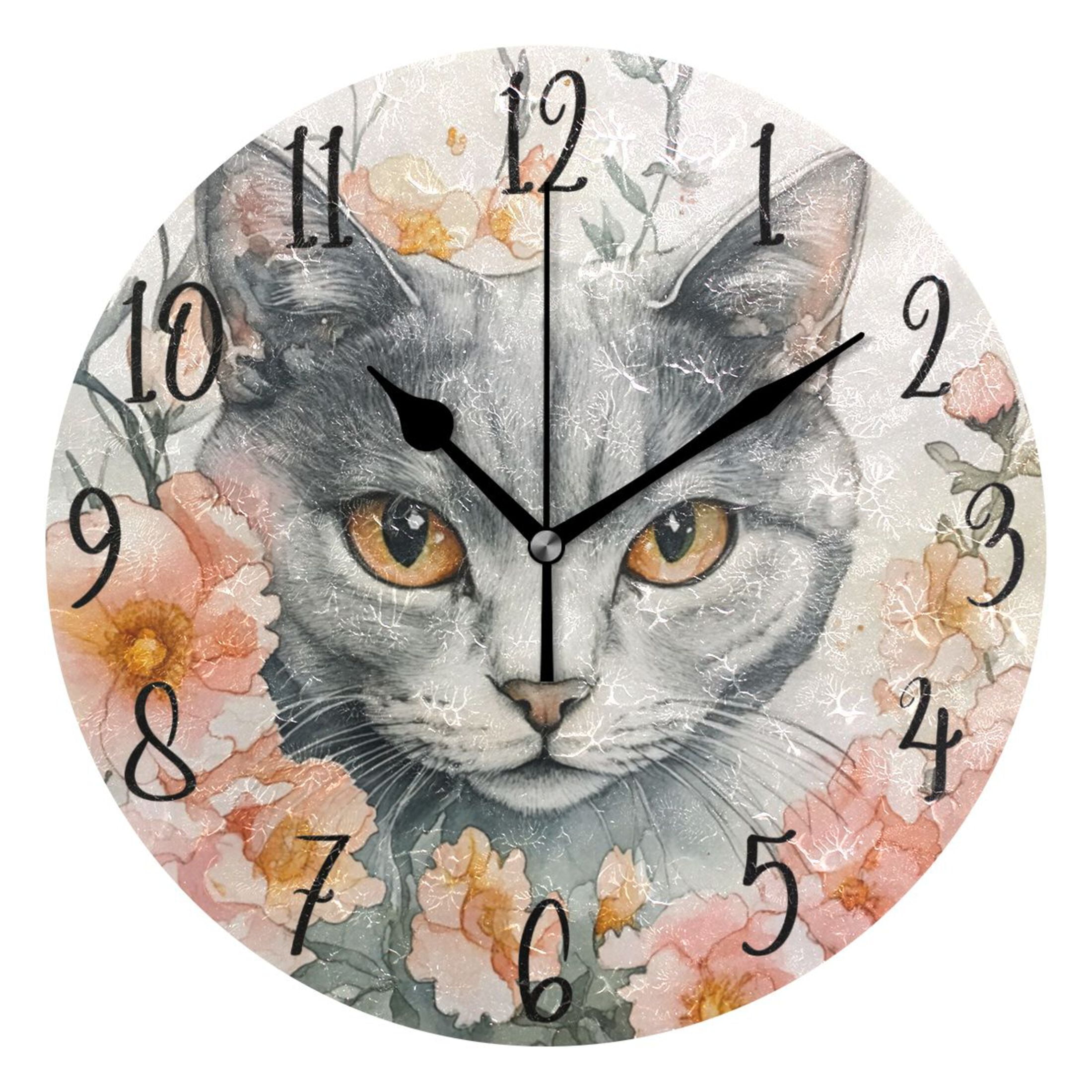 WOBOGO White Cat with Flower Wall Clock 10in Silent Mechanism Battery ...